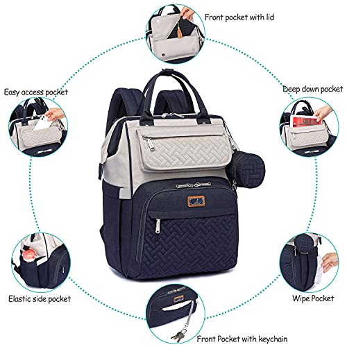 BabbleRoo Diaper Bag Backpack, Multifunction Large Bags with Changing Pad & Stroller Straps & Pacifier Case, Unisex Stylish Travel Back Pack Nappy Changing Bag for Moms Dads (Stone Gray & Blue)
