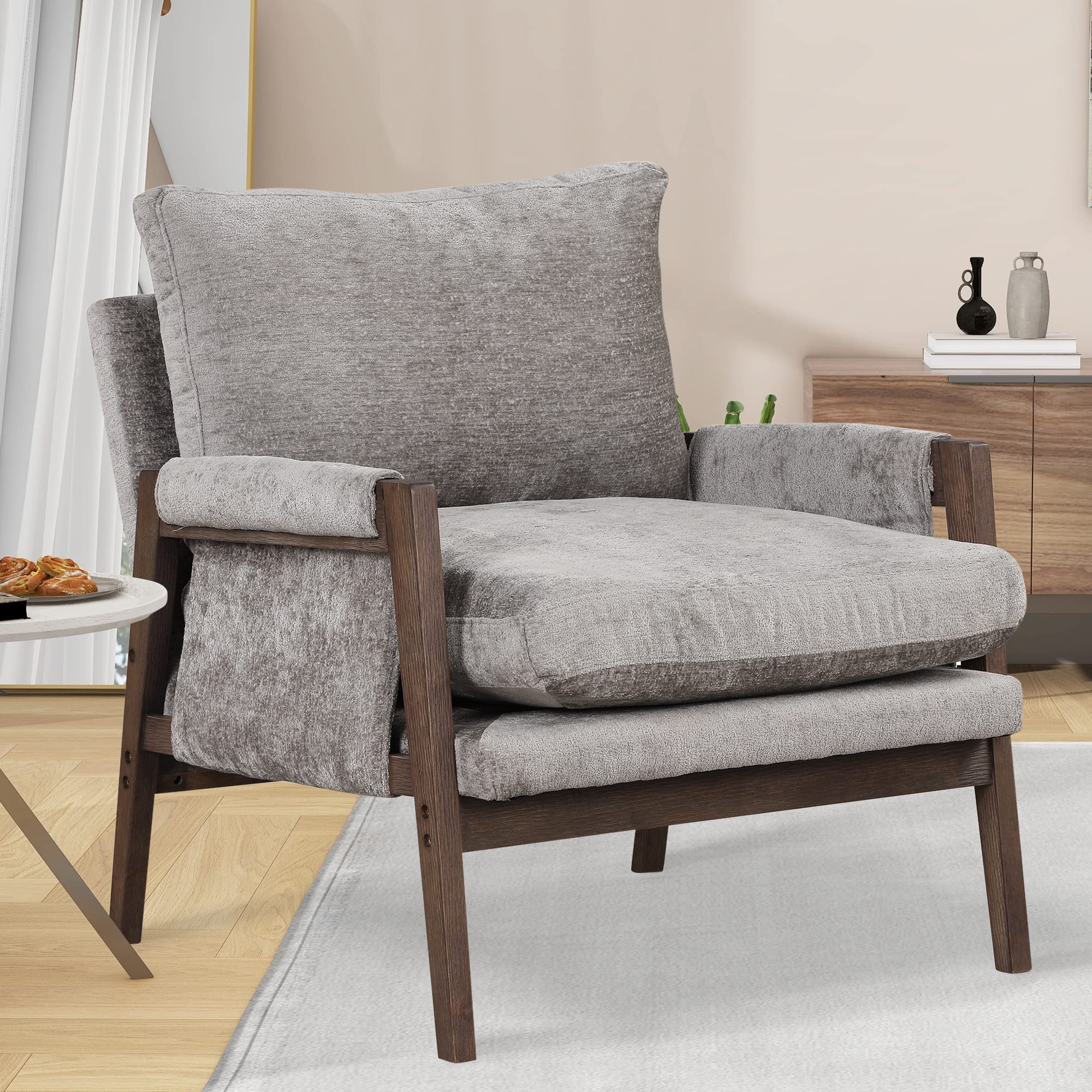 LIADTOP Mid Century Modern, Velvet Upholstered Accent Rubber Wood Frame,Comfy Reading Chair for Bedroom,Single Armchair for Living Room Office Apartment,Grey