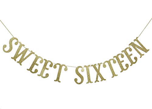 Sweet Sixteen Birthday Banner Gold Glitter for 16th Birthday Party Decor 16 years old Decoration Supplies Cursive Bunting Photo Booth Props Sign