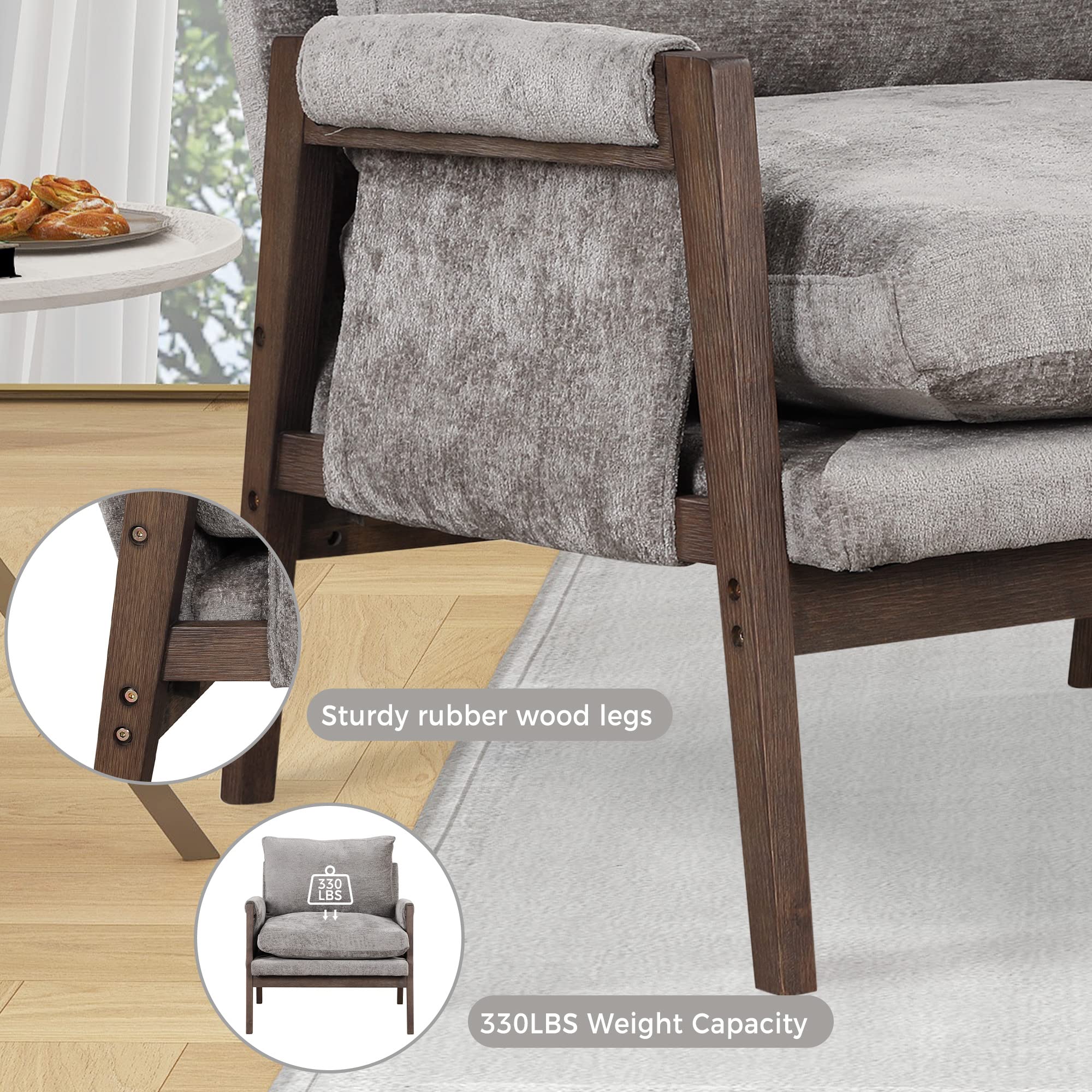 LIADTOP Mid Century Modern, Velvet Upholstered Accent Rubber Wood Frame,Comfy Reading Chair for Bedroom,Single Armchair for Living Room Office Apartment,Grey