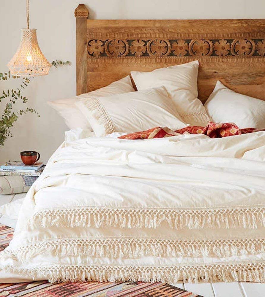 White Duvet Cover Fringed Cotton Tassel Boho Quilt Cover (96inL*104inW)