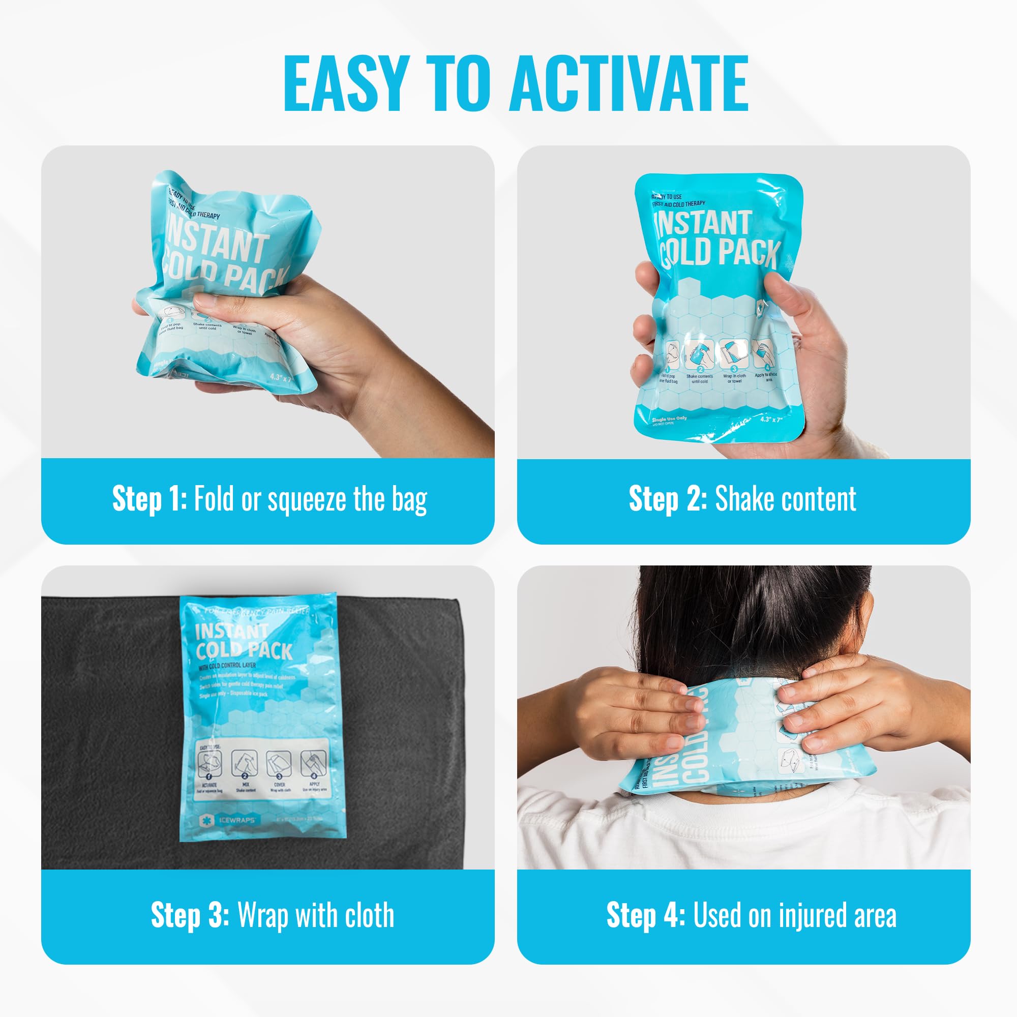 ICEWRAPS 4x7 Instant Cold Pack - Bulk Box of 50 | Cold Compress Instant Ice Pack for Emergency | Disposable Ice Packs for Injuries | Instant Breakable Ice Packs for First Aid and Sports