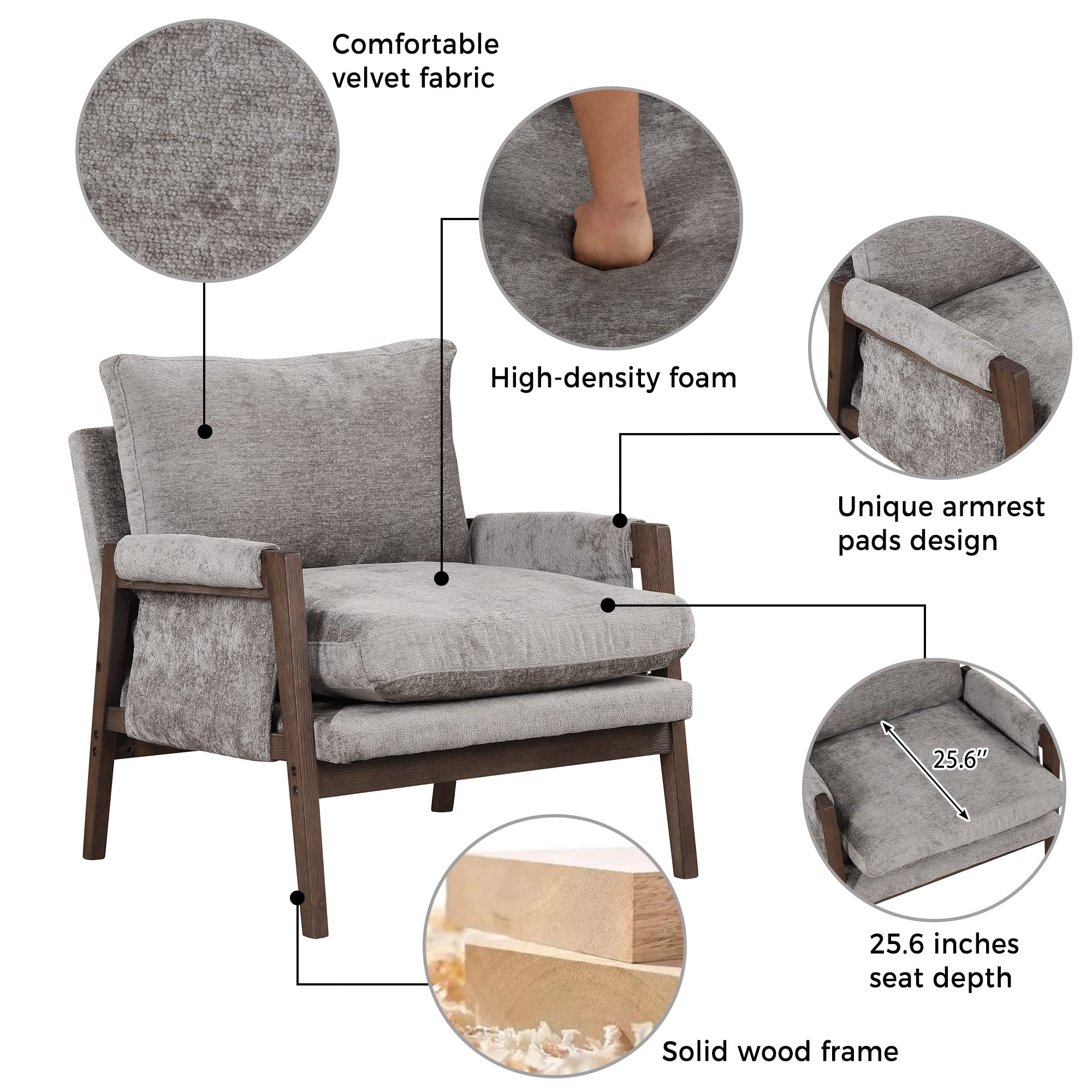 LIADTOP Mid Century Modern, Velvet Upholstered Accent Rubber Wood Frame,Comfy Reading Chair for Bedroom,Single Armchair for Living Room Office Apartment,Grey