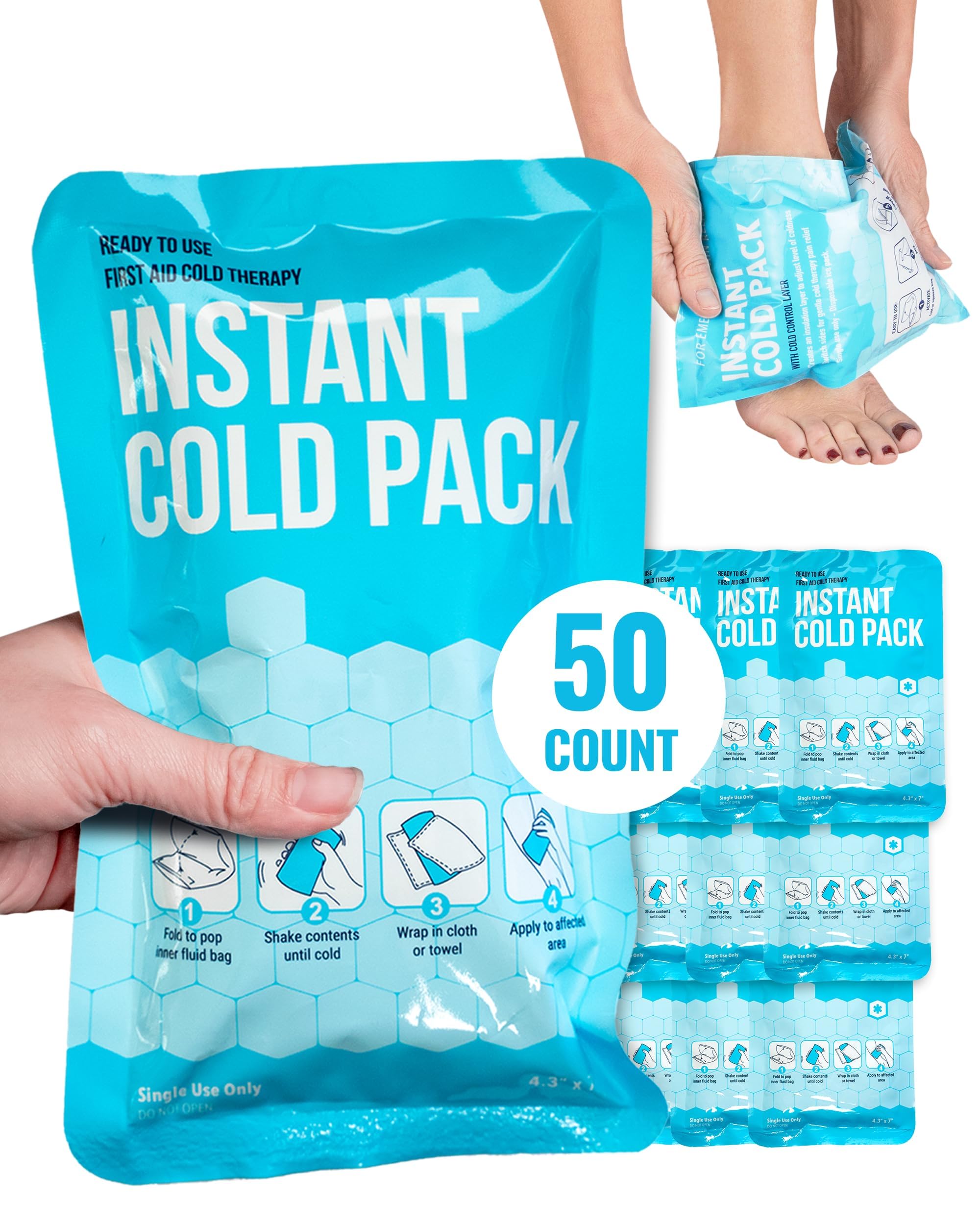 ICEWRAPS 4x7 Instant Cold Pack - Bulk Box of 50 | Cold Compress Instant Ice Pack for Emergency | Disposable Ice Packs for Injuries | Instant Breakable Ice Packs for First Aid and Sports