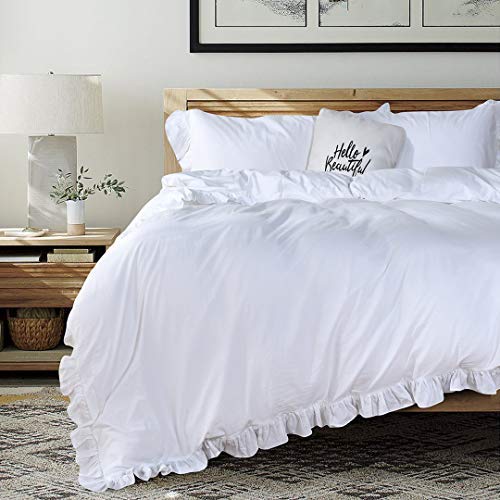QSH White Shabby Ruffle Duvet Cover Full Size,Washed Cotton Farmhouse Boho Chic Aesthetic Cute Bedding Comforter Quilt Cover 3 Pieces Ultra Soft and Breathable Zipper Closure & Corner Ties
