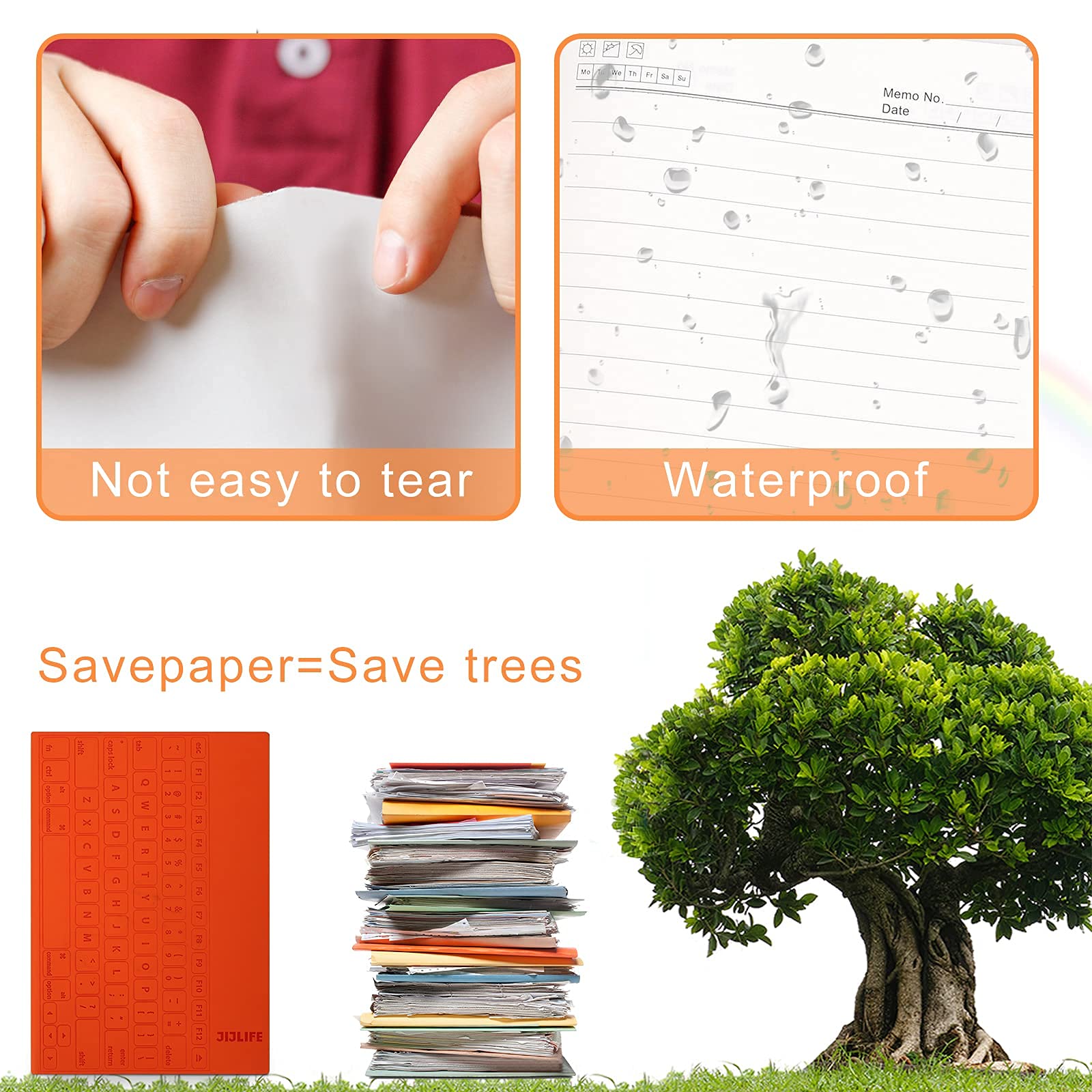 JIJLIFE Smart Reusable,and Durable keyboard pattern A5 Size (8.27"×5.9") Premium Orange Leather Notebook With An Erasable blue/black refill Pen And a Free Notebook of Ordinary And a Set of Brightly Colored Memo And Paper Clips