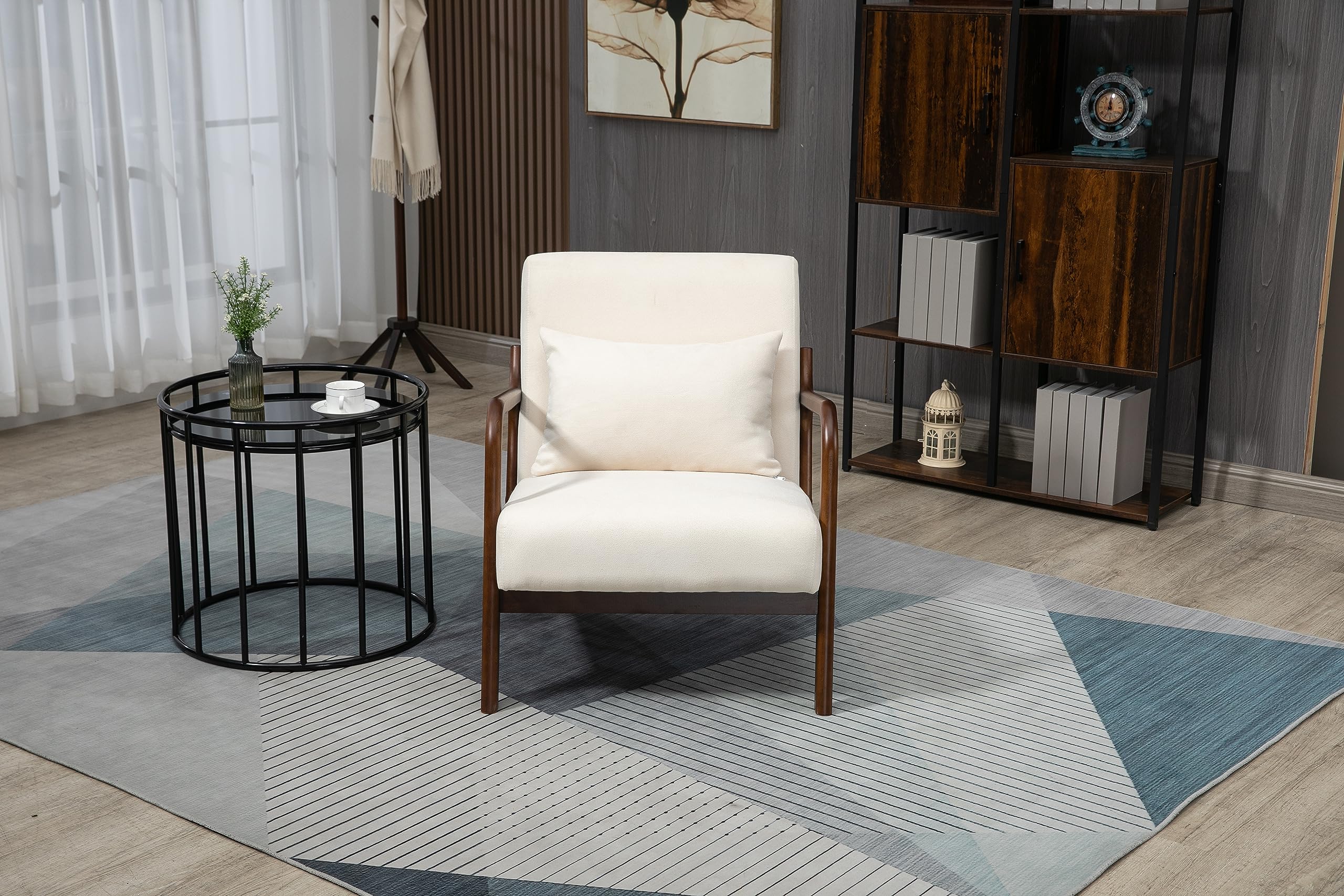 Prohon Mid Century Accent Solid Wood Frame & Waist Cushion, Comfy Upholstered Living Room Chairs, Lounge Reading Armchair for Bedroom Sunroom, Easy Assembly, White