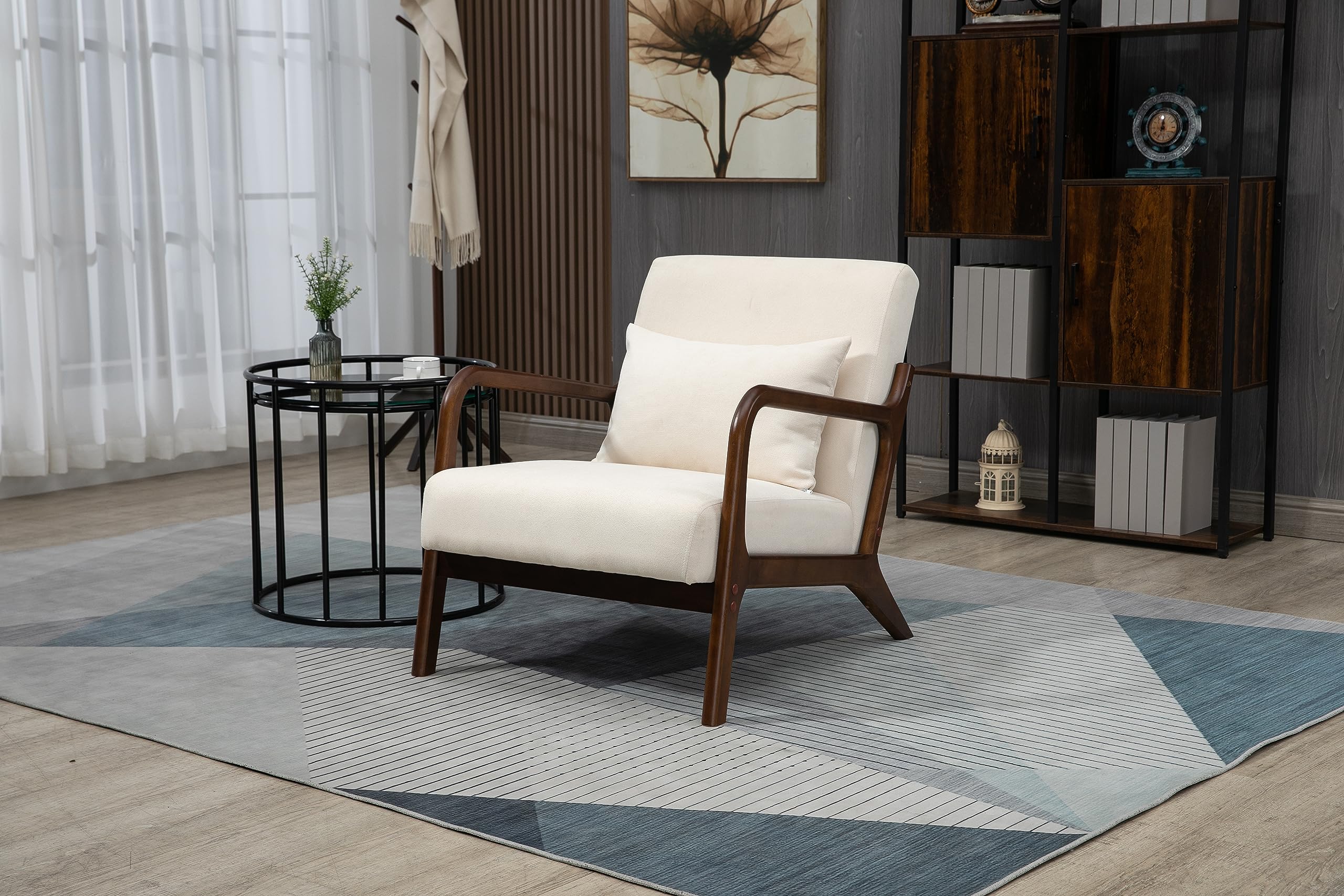 Prohon Mid Century Accent Solid Wood Frame & Waist Cushion, Comfy Upholstered Living Room Chairs, Lounge Reading Armchair for Bedroom Sunroom, Easy Assembly, White
