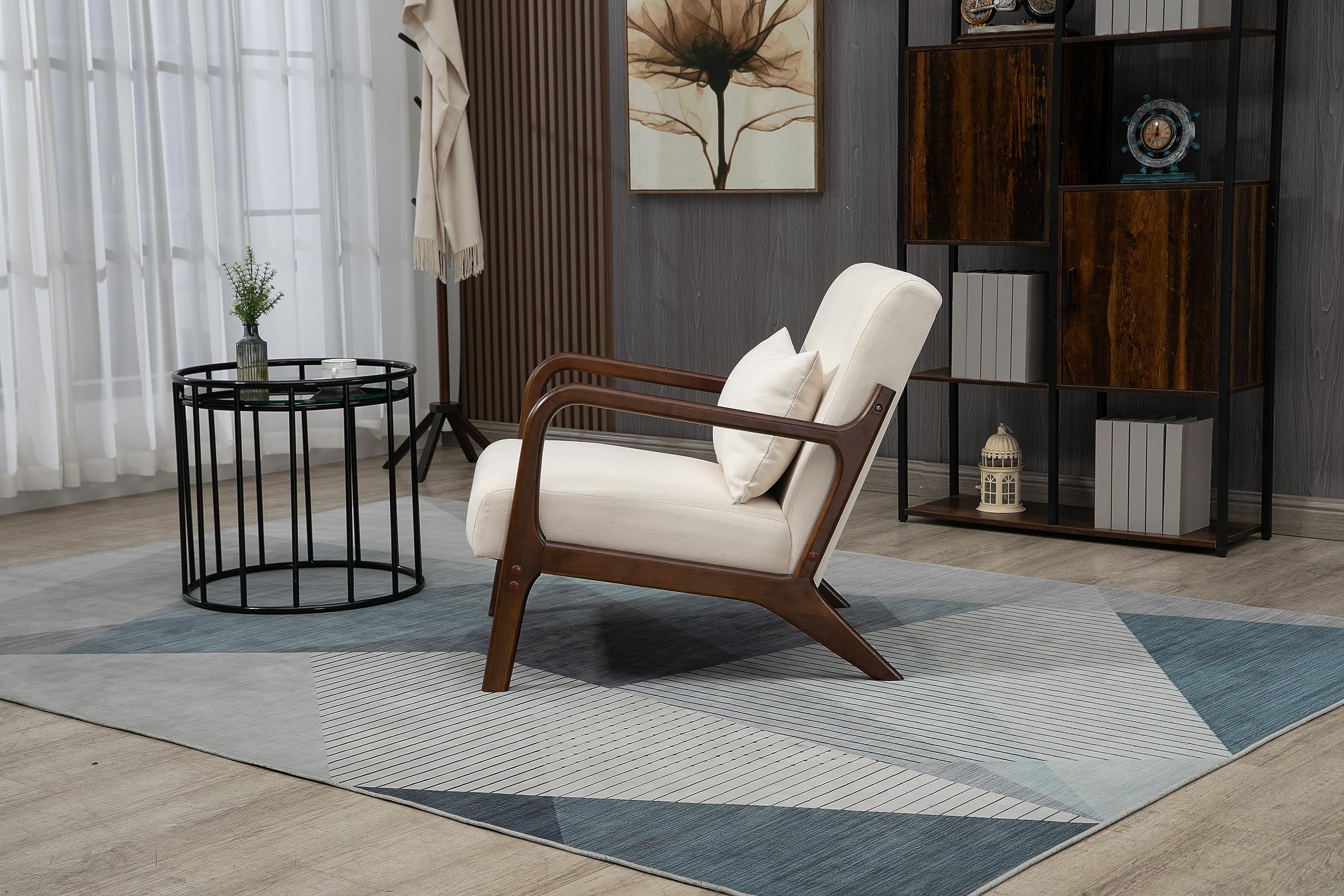 Prohon Mid Century Accent Solid Wood Frame & Waist Cushion, Comfy Upholstered Living Room Chairs, Lounge Reading Armchair for Bedroom Sunroom, Easy Assembly, White