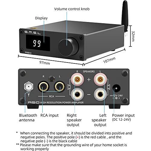S.M.S.L A50 Stereo Audio Amplifier, 100W x 2 Mini Hi-Fi 2 Channel Class D AMP Receiver, TPA3116*2 Bluetooth 5.0 Bass and Treble 2.0 CH for Home Speakers with Remote Control