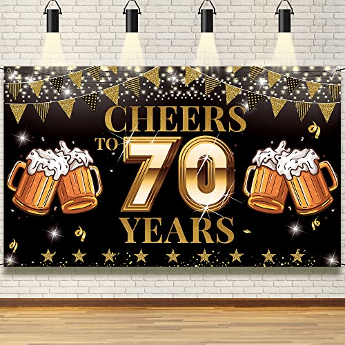 70th Birthday Decorations Banner for Men Women, Cheers To 70 Years Birthday Party Sign, 70 Years Old Birthday Backdrop, Black Gold 70th Anniversary Photo Props for Outdoor Indoor, Large, Vicycaty