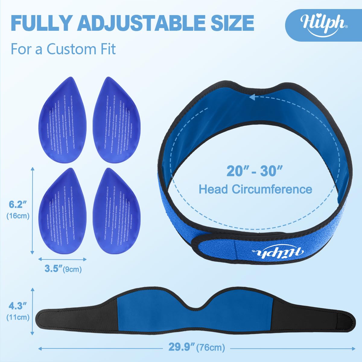 Hilph Wisdom Teeth Recovery Ice Pack Head Wrap. Adjustable Jaw Strap with 4 Replacement Hot Cold Packs for Dental, Chin, TMJ Relief, Oral Surgery, Tooth Extraction & Teeth Removed, Tonsillectomy Blue