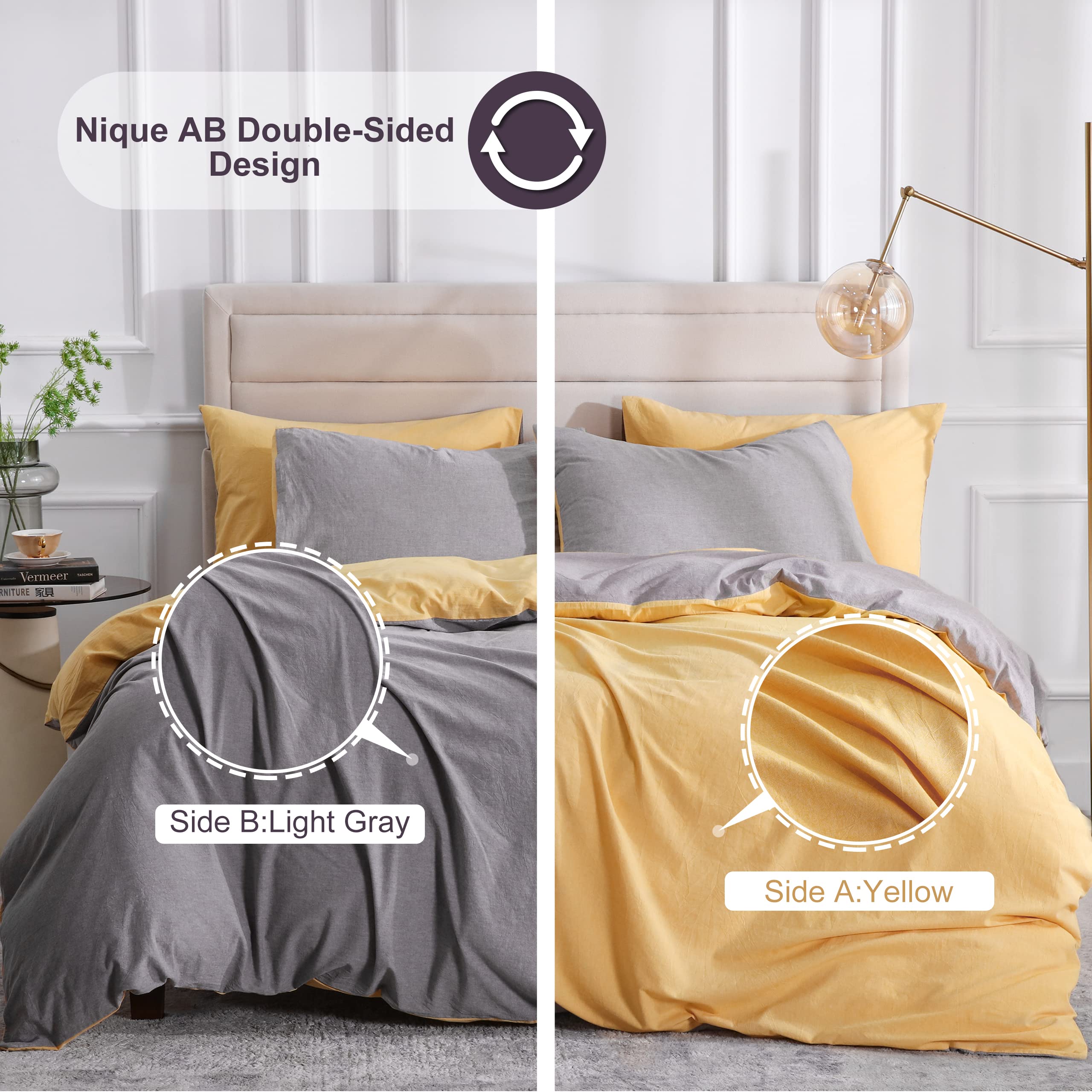 KAKABELL 100% Washed Cotton Linen Duvet Covers Set,Luxury Soft and Breathable Portable Openings 3 Piece Bedding Set,1200 Thread Count,with 8 Corner Ties 90x90 Inches(Light Yellow Grey,Full/Queen)