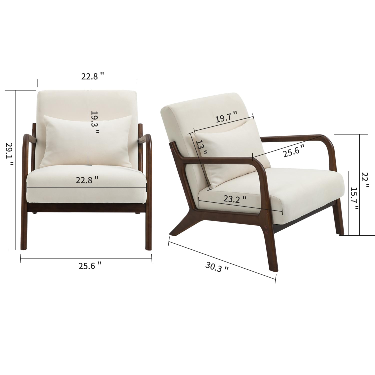 Prohon Mid Century Accent Solid Wood Frame & Waist Cushion, Comfy Upholstered Living Room Chairs, Lounge Reading Armchair for Bedroom Sunroom, Easy Assembly, White
