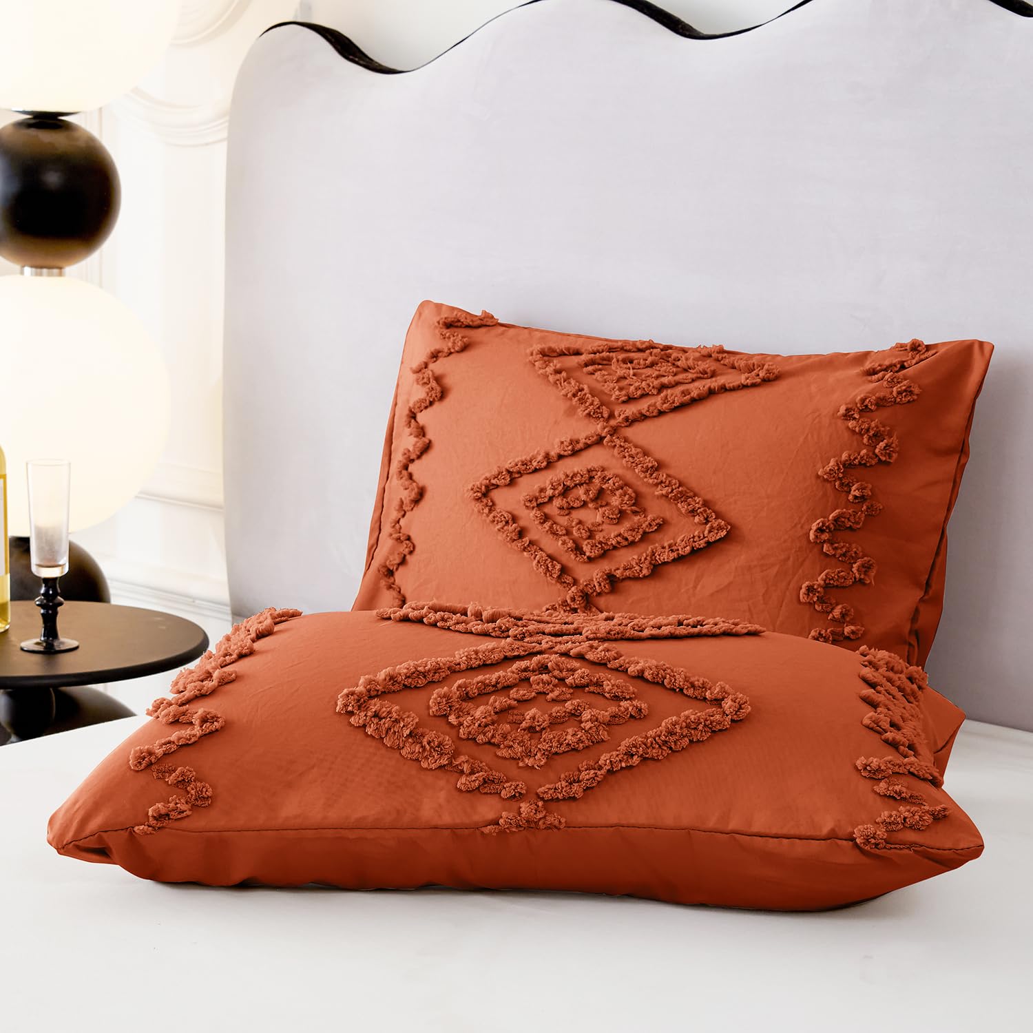 URBONUR Terracotta Duvet Cover Set King Size Burnt Orange, 3PCS Textured Tufted Bedding Set, Geometric Diamond Pattern, Ultra Soft Microfiber Duvet Cover with Zipper Closure, (Rust, King)