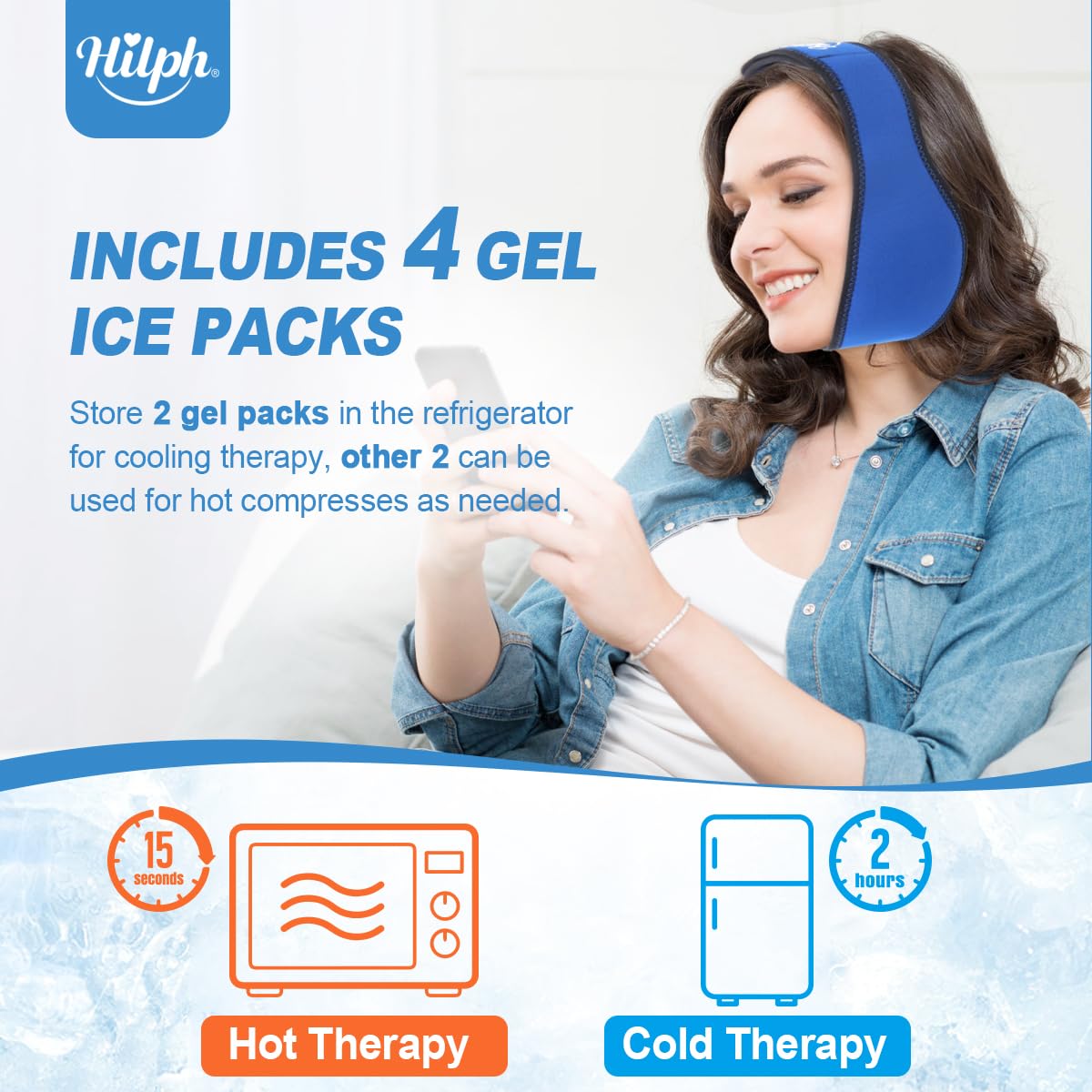 Hilph Wisdom Teeth Recovery Ice Pack Head Wrap. Adjustable Jaw Strap with 4 Replacement Hot Cold Packs for Dental, Chin, TMJ Relief, Oral Surgery, Tooth Extraction & Teeth Removed, Tonsillectomy Blue