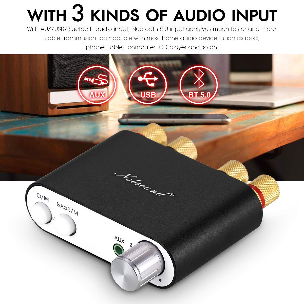 Nobsound NS-10G Bluetooth 5.0 2 Channel Power Amplifier HiFi Stereo Audio Mini Amp Wireless Receiver 50Wx2 for Home Speaker with USB & Bass Sound Effect (Black)