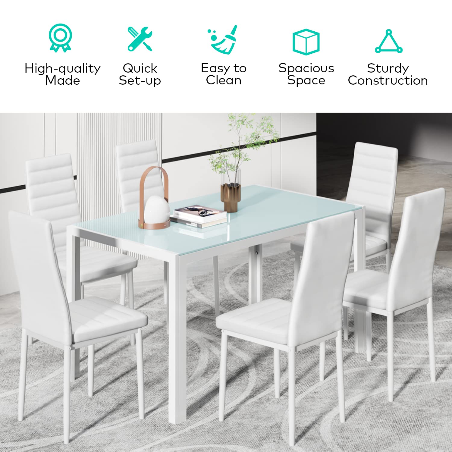Gizoon Glass Dining Table Sets for 6, 7 Piece Kitchen Table and Chairs Set for 6 Person, PU Leather Modern Dining Room Sets for Home, Kitchen, Living Room