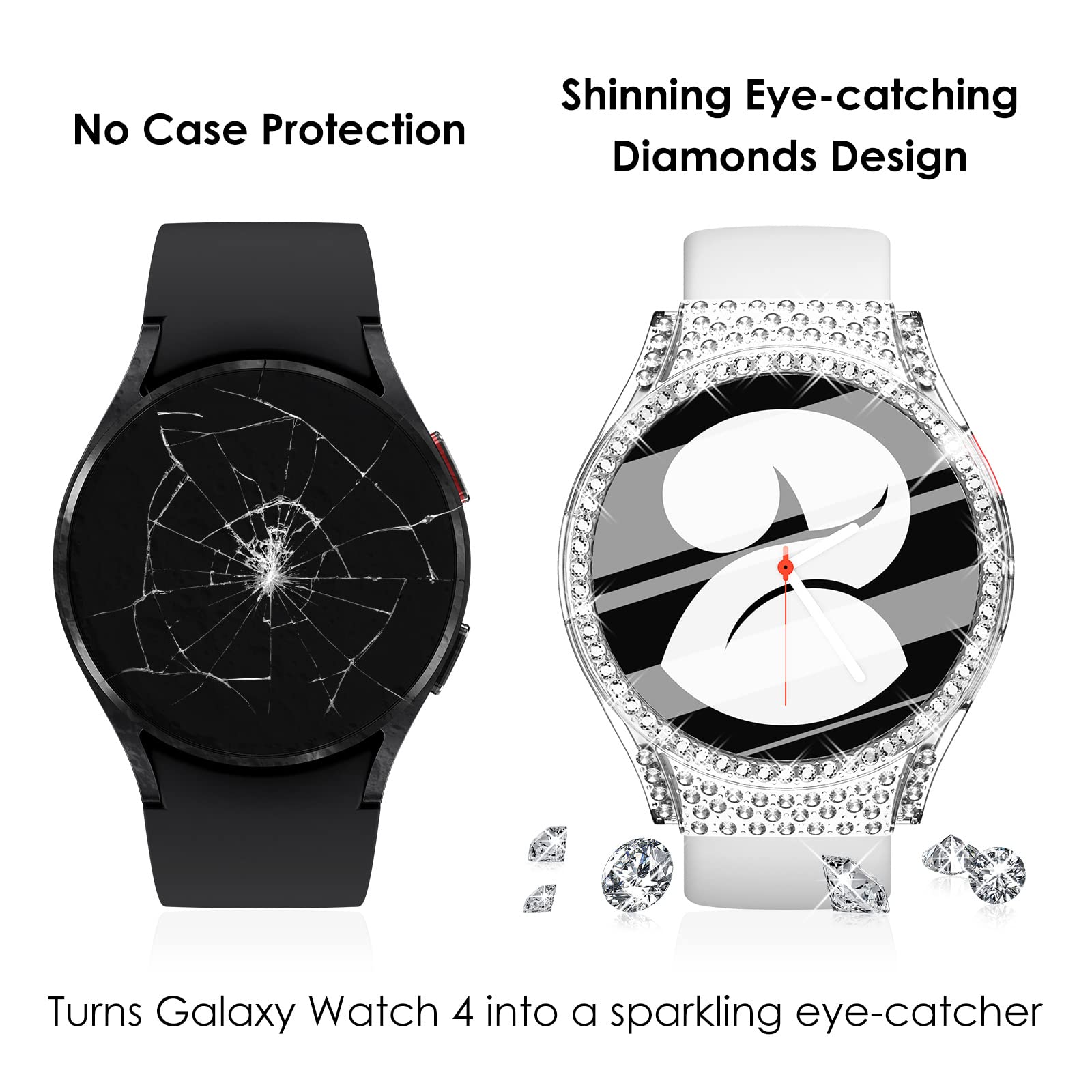 Wingle Bling Galaxy Watch 4 Case Compatible for Samsung Galaxy Watch 4 40mm Screen Protector, 4-Pack Soft TPU Full Protective Cover Crystal Diamonds Bumper Case (Black/Silver/Rose Gold/Pink)