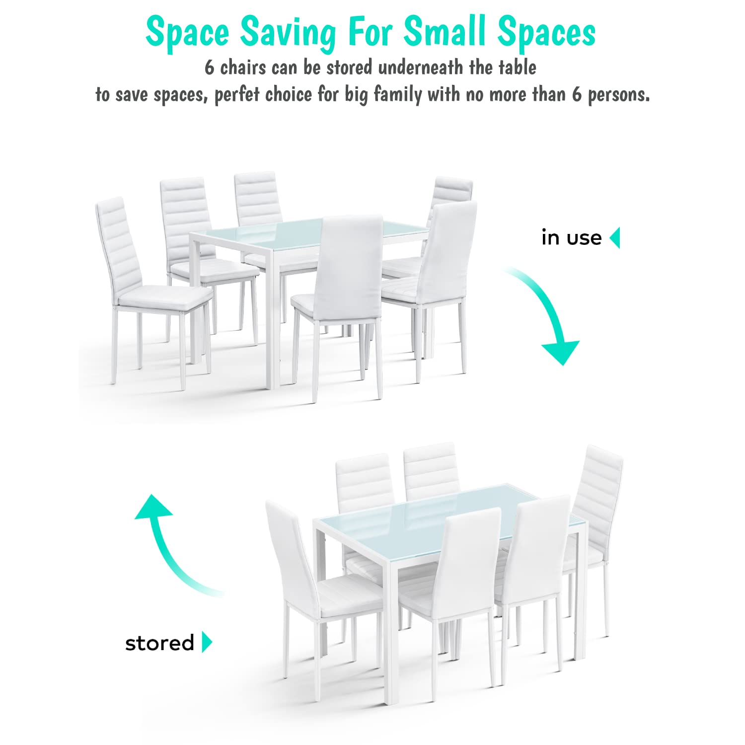 Gizoon Glass Dining Table Sets for 6, 7 Piece Kitchen Table and Chairs Set for 6 Person, PU Leather Modern Dining Room Sets for Home, Kitchen, Living Room