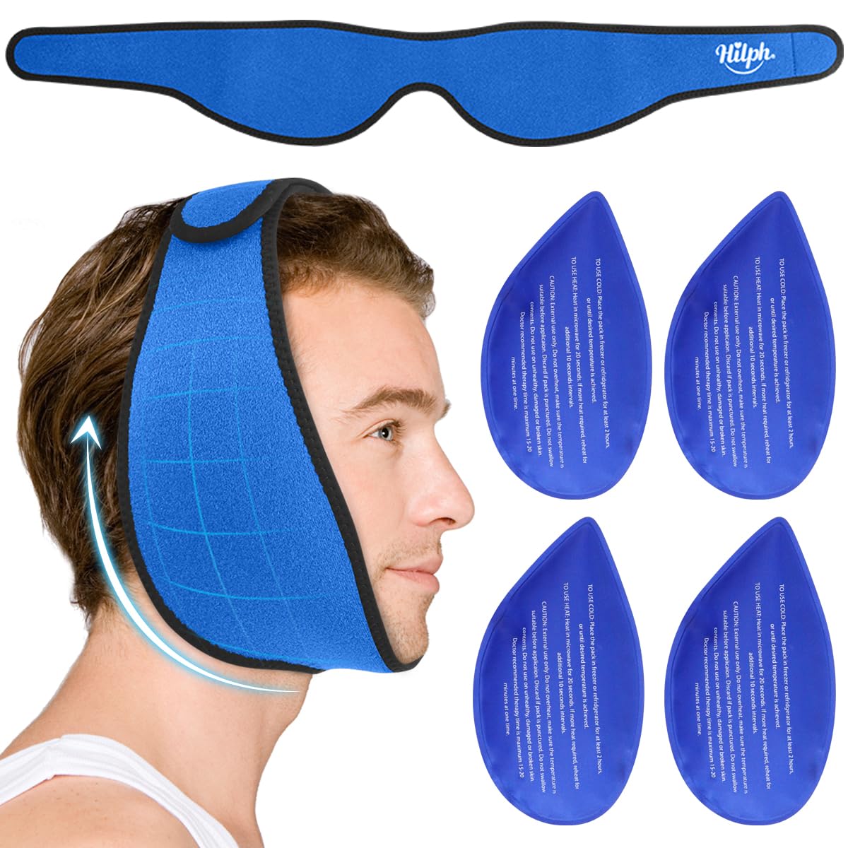 Hilph Wisdom Teeth Recovery Ice Pack Head Wrap. Adjustable Jaw Strap with 4 Replacement Hot Cold Packs for Dental, Chin, TMJ Relief, Oral Surgery, Tooth Extraction & Teeth Removed, Tonsillectomy Blue