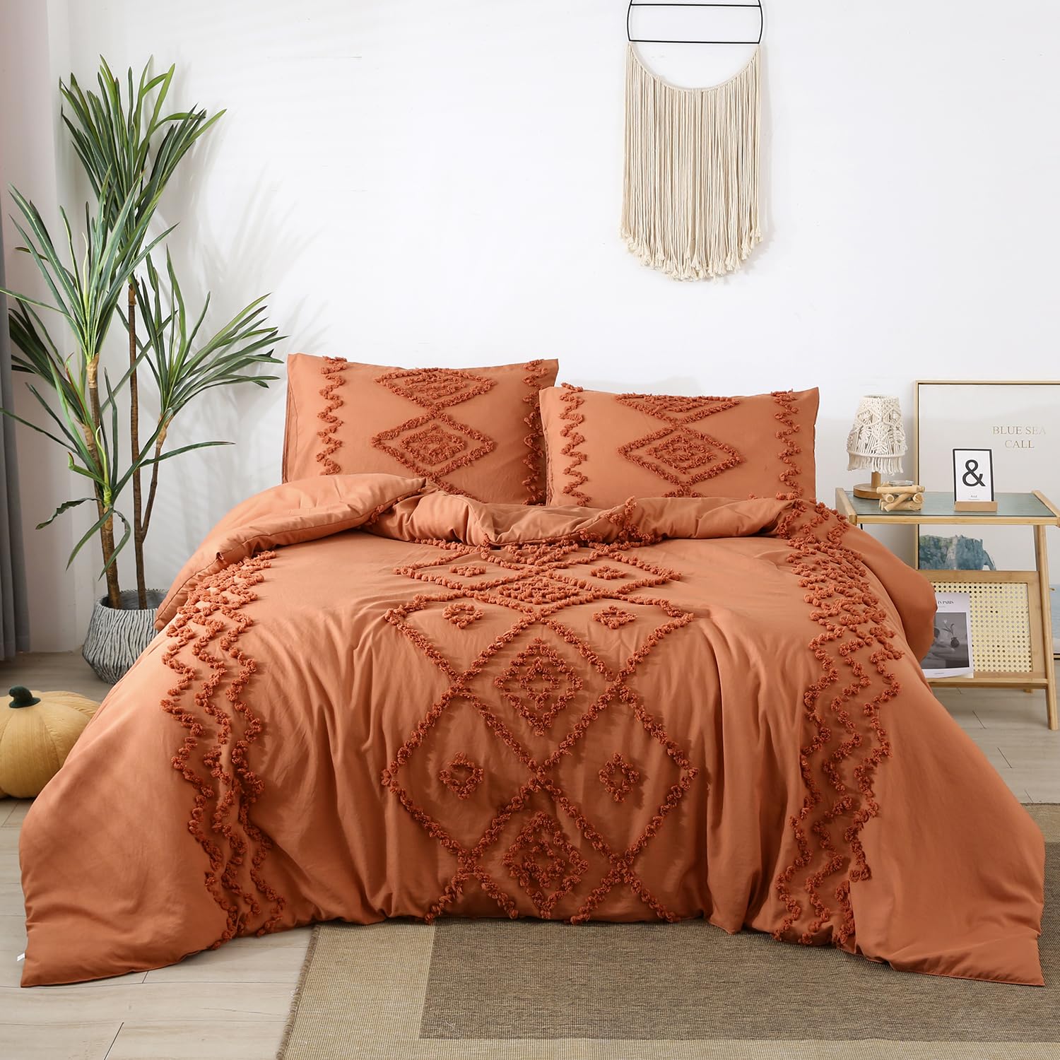 URBONUR Terracotta Duvet Cover Set King Size Burnt Orange, 3PCS Textured Tufted Bedding Set, Geometric Diamond Pattern, Ultra Soft Microfiber Duvet Cover with Zipper Closure, (Rust, King)