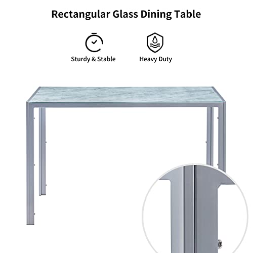 ROZHOME Gray Dining Table Set for 4, 5 Piece Kitchen Table and Chairs for Up to 110 Combinations, Compact Space-Saving w/Tempered Glass Tabletop and 4 Upholstered Chairs