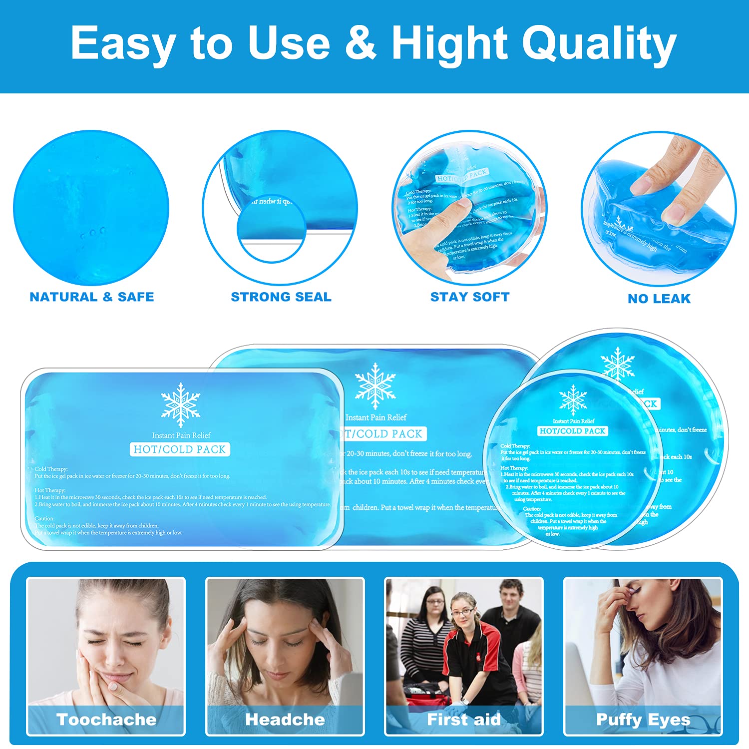 Tutmyrea Ice Packs for Injuries Reusable, 8 Pack Soft Gel Pack, Hot and Cold Compress, Ice Pack for Kids Boo Boo, Cold Packs for Injuries, Migraines, First Aid, Pain Relief, Wisdom Teeth