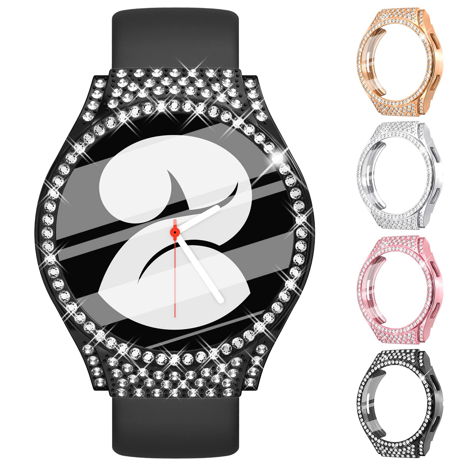 Wingle Bling Galaxy Watch 4 Case Compatible for Samsung Galaxy Watch 4 40mm Screen Protector, 4-Pack Soft TPU Full Protective Cover Crystal Diamonds Bumper Case (Black/Silver/Rose Gold/Pink)