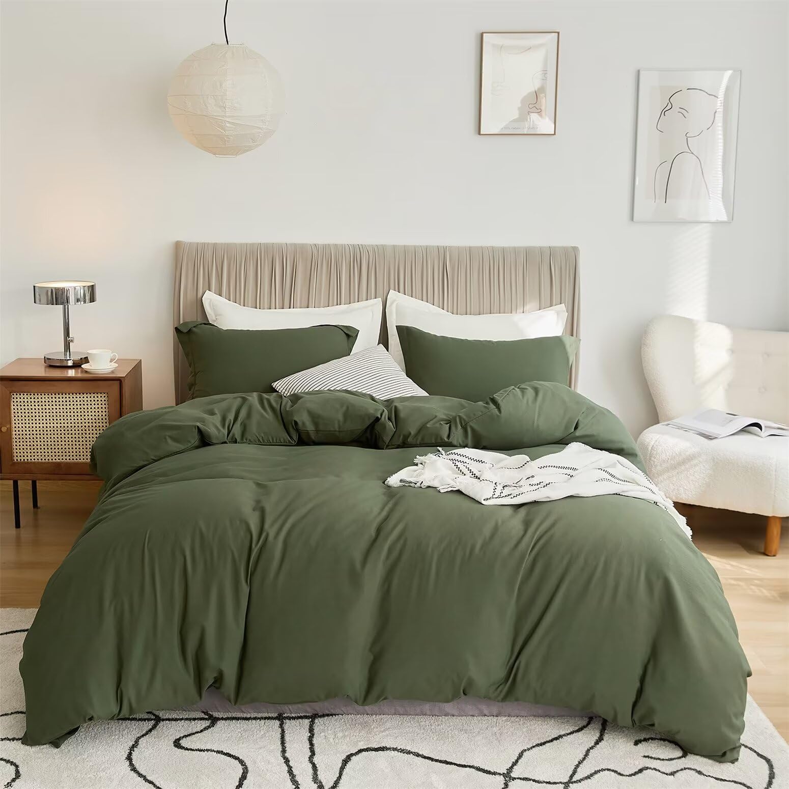 VClife Modern Army Green Duvet Cover King Size Comforter Cover Sets Soft Breathable Washed Microfiber Bedding Duvet Cover Sets 3 Pieces Simple Solid Bedding Duvet Cover with Zipper Closure 104" x 90"