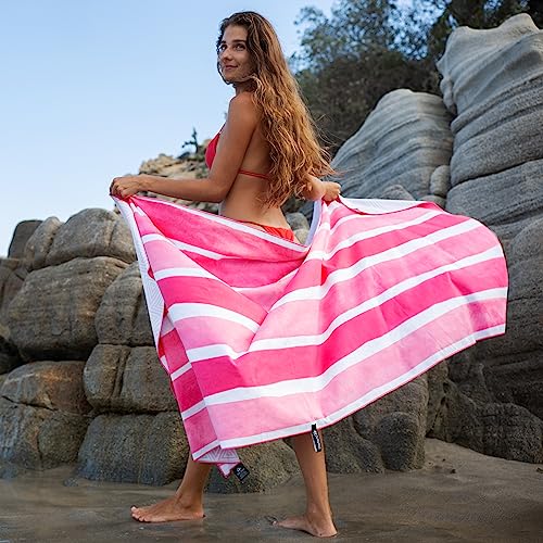 Elite Trend XL Beach Towel for Travel – Extra Large 78x35 Inch w/Bag – Lightweight Microfiber, Compact, Soft, Quick Dry, Sand Free – for Swimming, Pool, Camping, Yoga, Workout – Pink Stripes