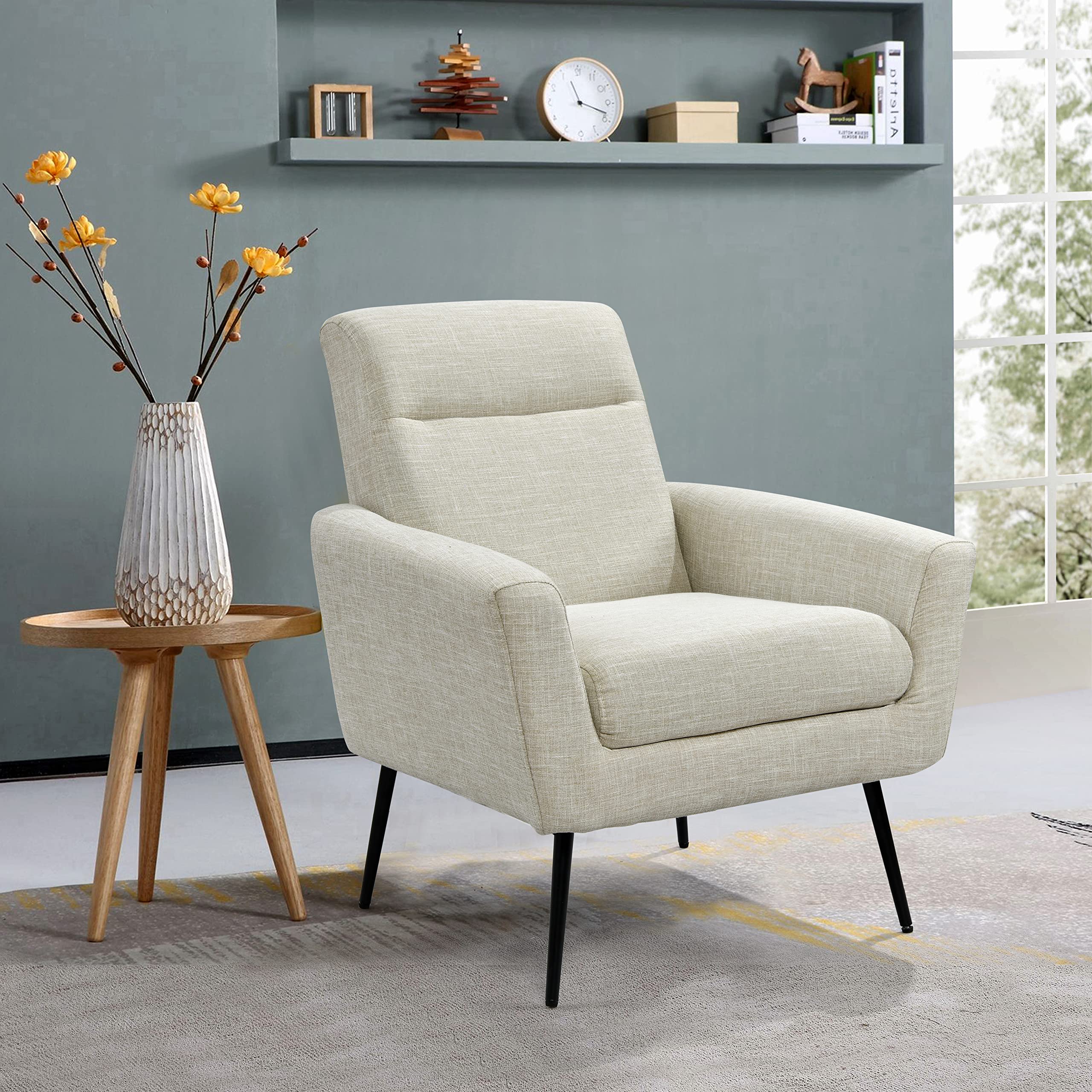 Tiokop Mid Century Modern Upholstered Fabric Accent, Living Room, Bedroom Leisure Single Sofa (Metal Legs), TV armrest seat, Suitable for Small Space Home, Office, Coffee Chair, Beige