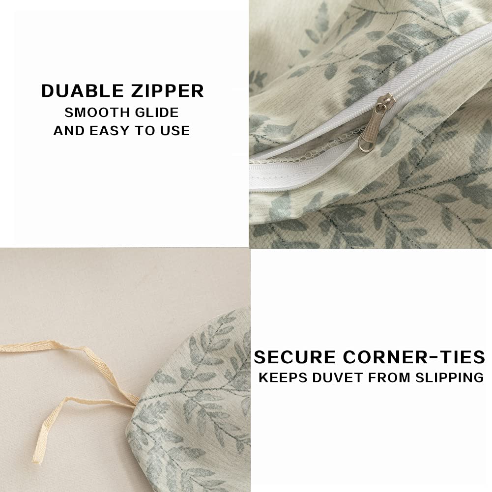 ECOCOTT 3 Pieces Duvet Cover Set with Vintage Green Leaves Pattern 100% Natural Cotton Cozy Simple Style Bedding Set (Queen Size)