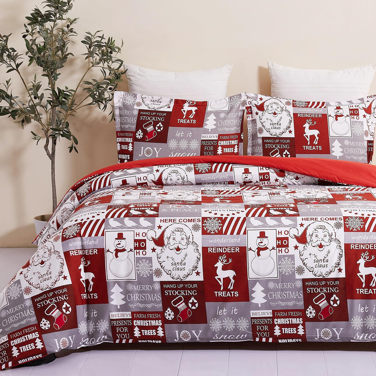 Vaulia Soft Microfiber Duvet Cover Set, Snowflake Pattern Christmas Holidays, Reversible Pattern Design White/Red Santa, King Size 3-Piece Set (1 Duvet Cover 2 Pillow Shams)