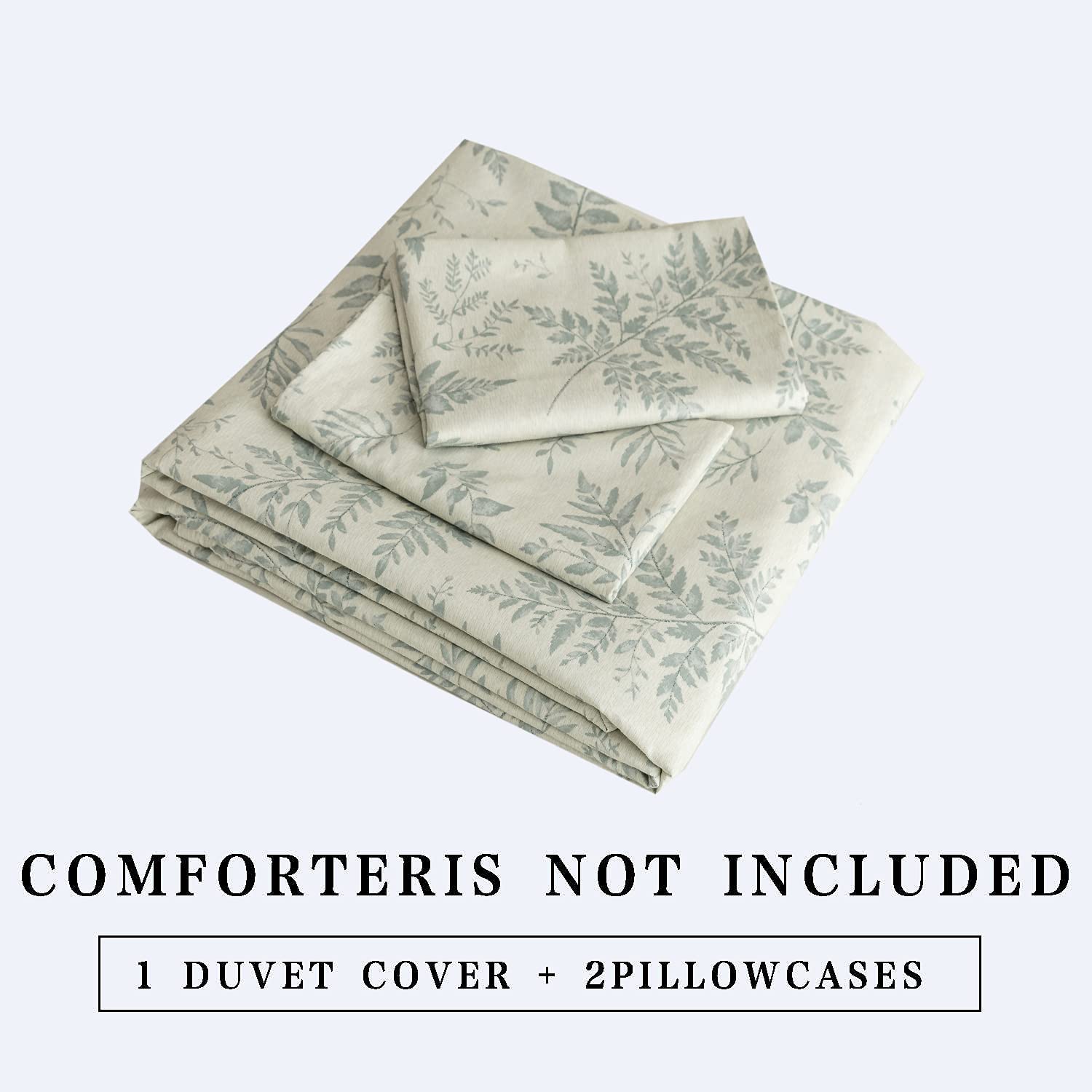 ECOCOTT 3 Pieces Duvet Cover Set with Vintage Green Leaves Pattern 100% Natural Cotton Cozy Simple Style Bedding Set (Queen Size)