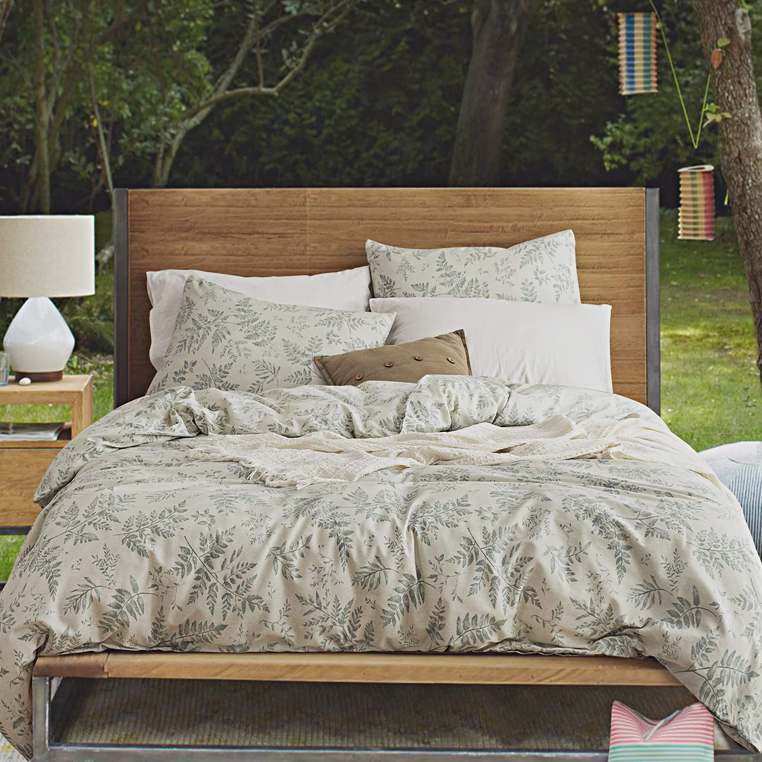 ECOCOTT 3 Pieces Duvet Cover Set with Vintage Green Leaves Pattern 100% Natural Cotton Cozy Simple Style Bedding Set (Queen Size)