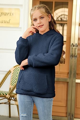 Haloumoning Girls Fuzzy Fleece Pullover Hoodies Sweatshirt Casual Loose Outwear Coat with Pockets 4-15 Years
