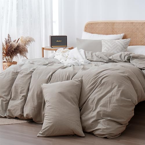 ATsense Duvet Cover King Size, 100% Washed Cotton Linen Feel Super Soft Comfortable, 3-Piece Tannish Linen Grey Duvet Cover Bedding Set, Durable and Easy Care, Simple Style Farmhouse Comforter Cover