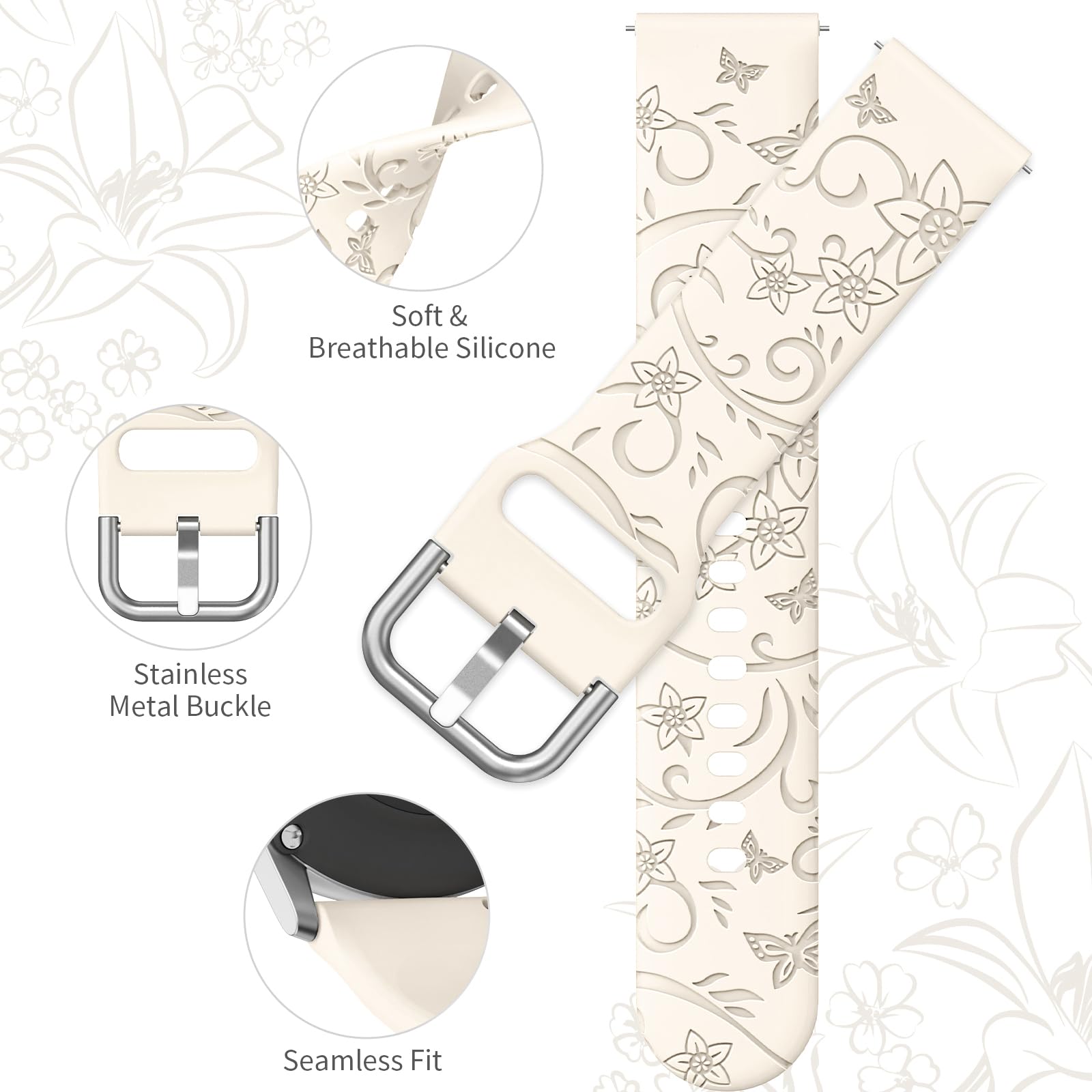3 Pack Flower Engraved Bands Compatible with Samsung Galaxy Watch 7 6 5 4 FE Active 2 40mm 44mm,Watch 6 4 Classic 42mm 43mm 46mm 47mm,5 Pro 45mm,Watch 3 41mm,20mm Women Silicone Replacement Sport Band