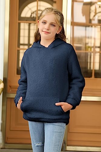 Haloumoning Girls Fuzzy Fleece Pullover Hoodies Sweatshirt Casual Loose Outwear Coat with Pockets 4-15 Years