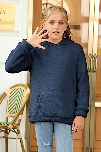 Haloumoning Girls Fuzzy Fleece Pullover Hoodies Sweatshirt Casual Loose Outwear Coat with Pockets 4-15 Years