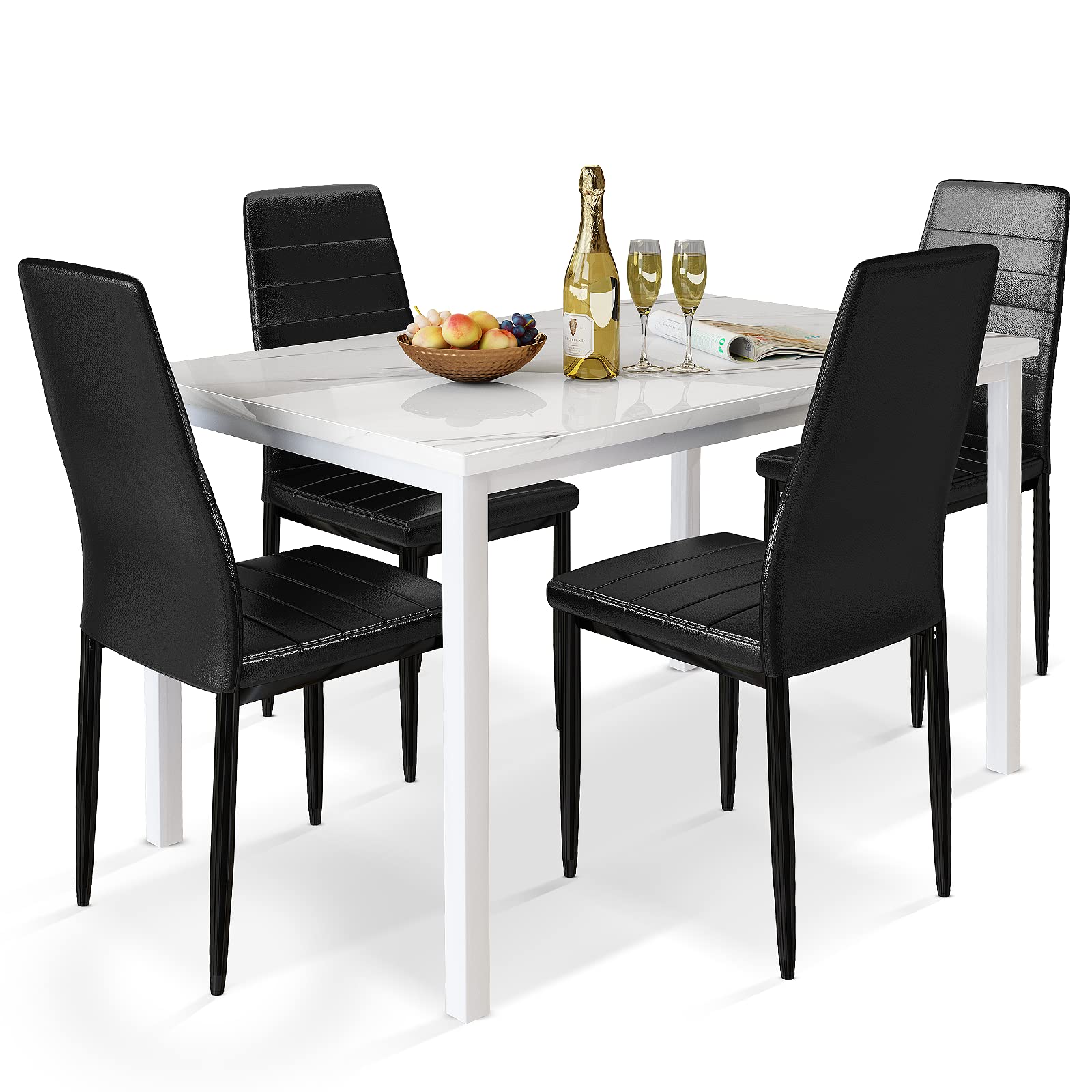 Lamerge Dining Table Set for 4, Marble Kitchen Table and Chairs for 4, Comfortable PU Leather Chairs,Dining RoomTable Set for Small Space,Living Room, Breakfast Nook,Black+White