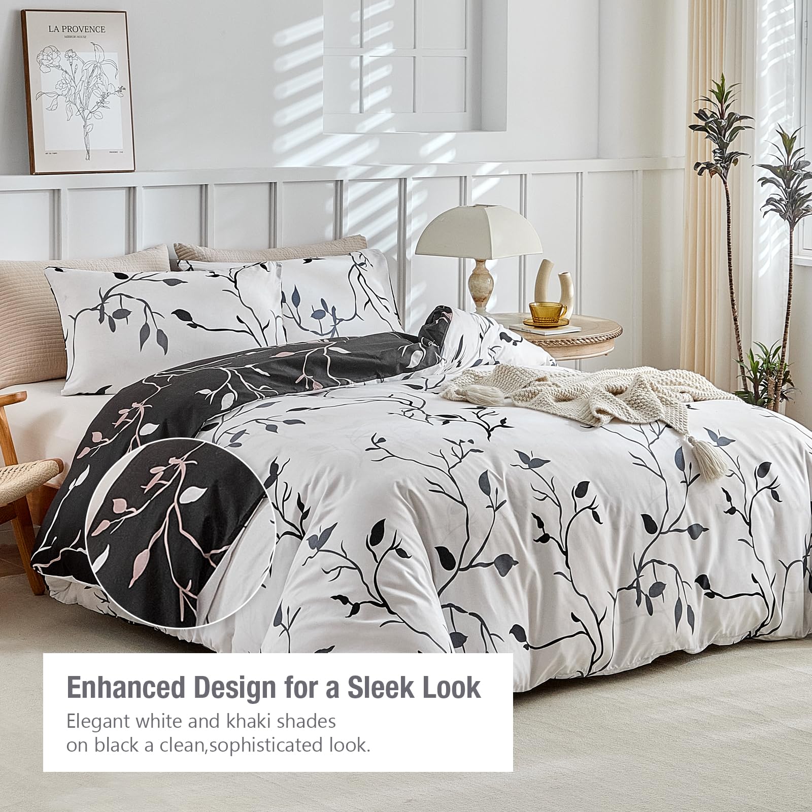 Lekesky Reversible Duvet Cover King Size, White Black Tree Branch Pattern Comforter Cover King 3pc Super Soft Microfiber Breathable Botanical Bedding Sets with Zipper Ties