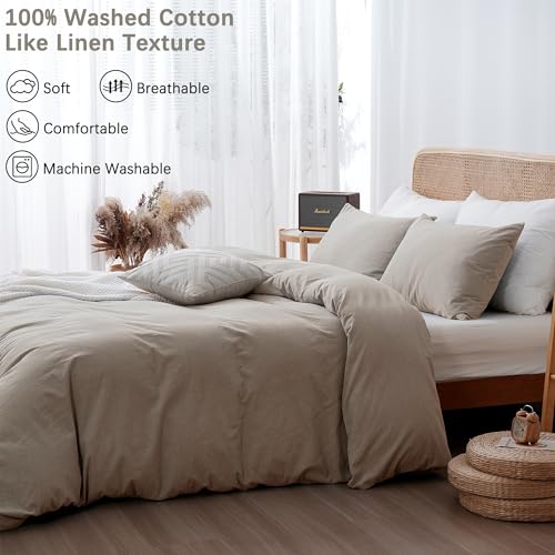 ATsense Duvet Cover King Size, 100% Washed Cotton Linen Feel Super Soft Comfortable, 3-Piece Tannish Linen Grey Duvet Cover Bedding Set, Durable and Easy Care, Simple Style Farmhouse Comforter Cover