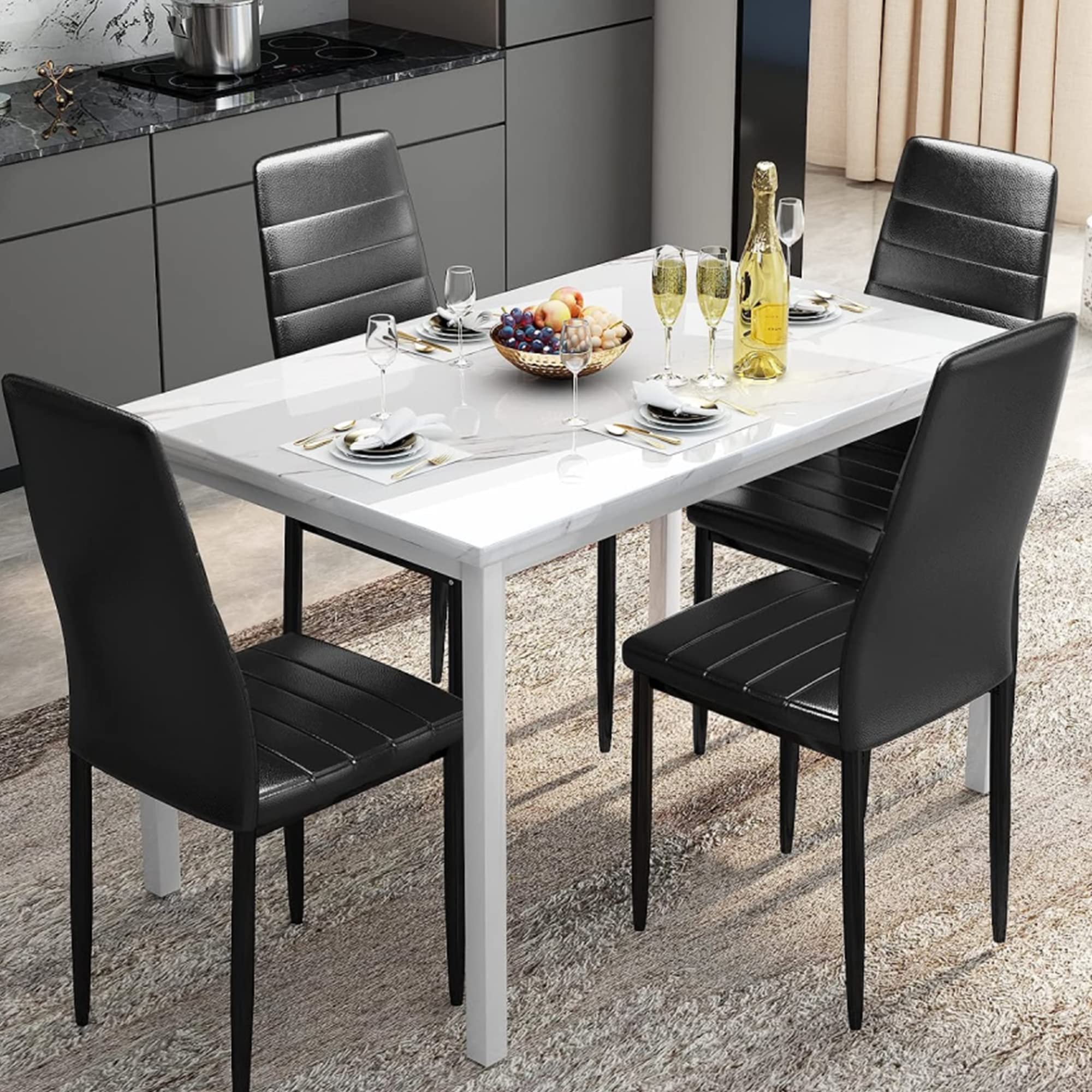 Lamerge Dining Table Set for 4, Marble Kitchen Table and Chairs for 4, Comfortable PU Leather Chairs,Dining RoomTable Set for Small Space,Living Room, Breakfast Nook,Black+White