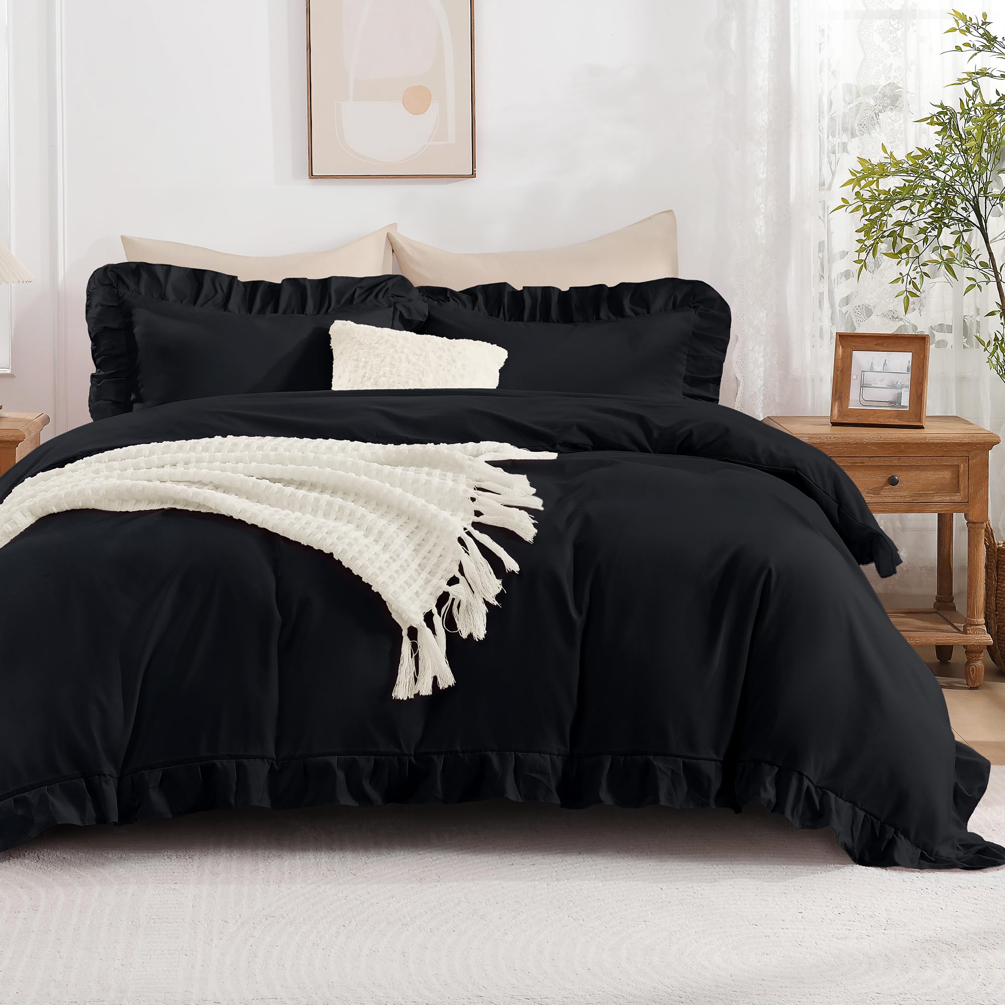 Andency Black Duvet Cover Queen Size, 3 Pieces Ruffle Duvet Cover Set, Soft Microfiber Queen Duvet Cover Bedding Set with Zipper Closure