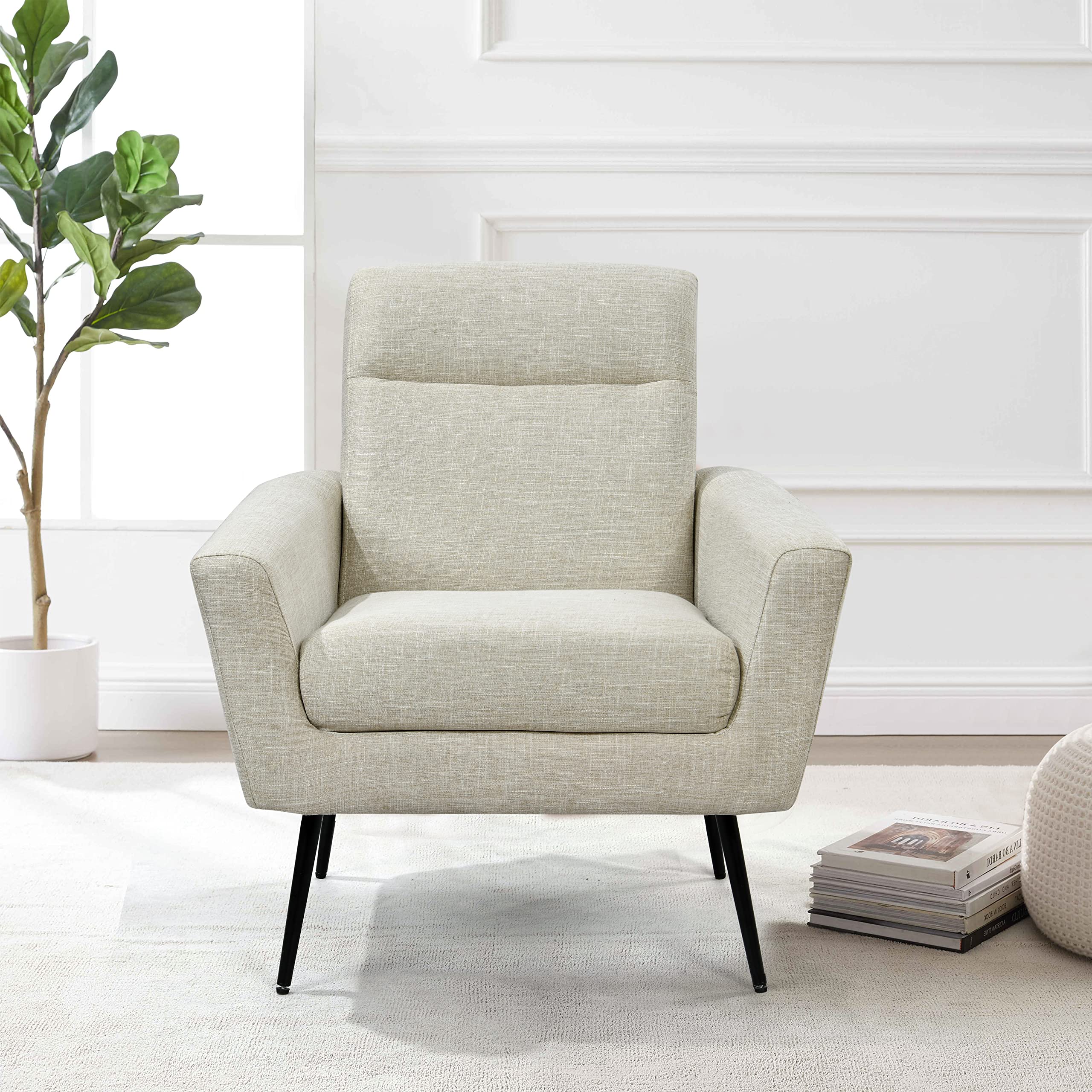 Tiokop Mid Century Modern Upholstered Fabric Accent, Living Room, Bedroom Leisure Single Sofa (Metal Legs), TV armrest seat, Suitable for Small Space Home, Office, Coffee Chair, Beige