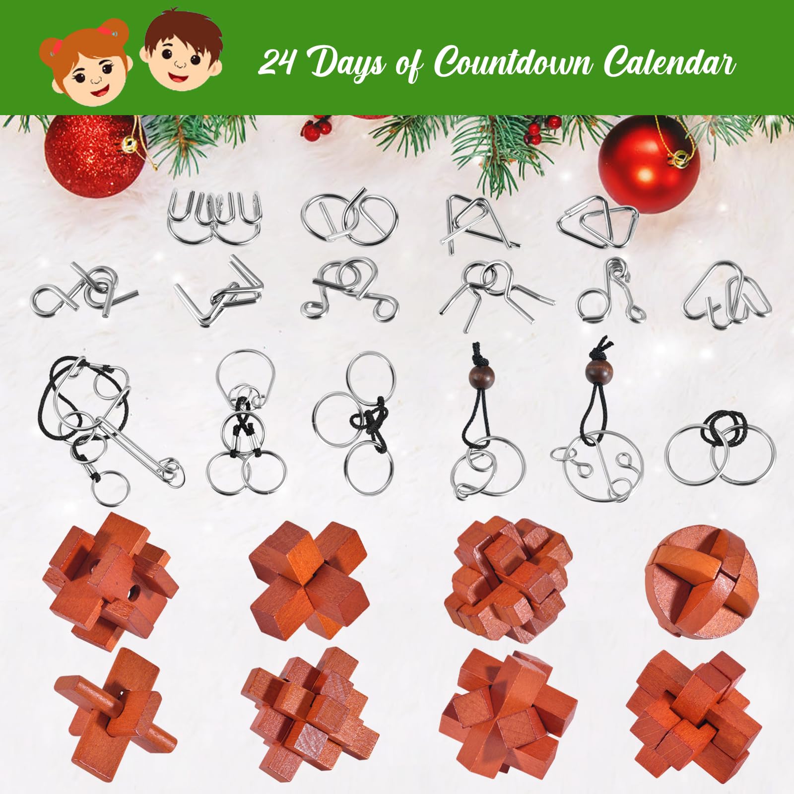 Advent Calendar 2024, Christmas Countdown Calendar Gift Box with 24 Brain Teaser Puzzles, Advent Calendar 2024 for Adults Kids Boys Girls, Xmas Countdown Calendar Challenge Gift