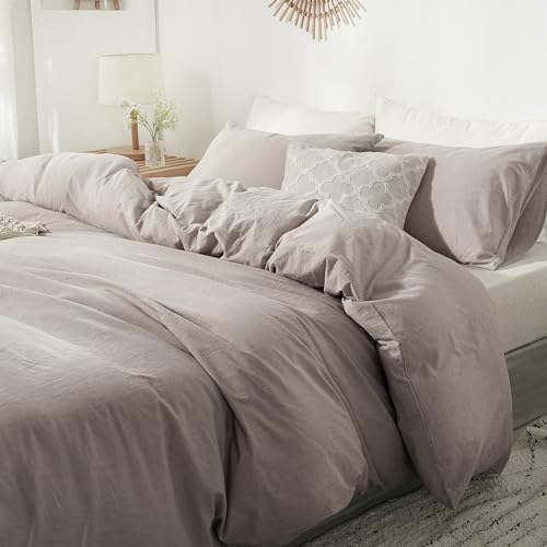 ATsense Duvet Cover King Size, 100% Washed Cotton Linen Feel Super Soft Comfortable, 3-Piece Tannish Linen Grey Duvet Cover Bedding Set, Durable and Easy Care, Simple Style Farmhouse Comforter Cover