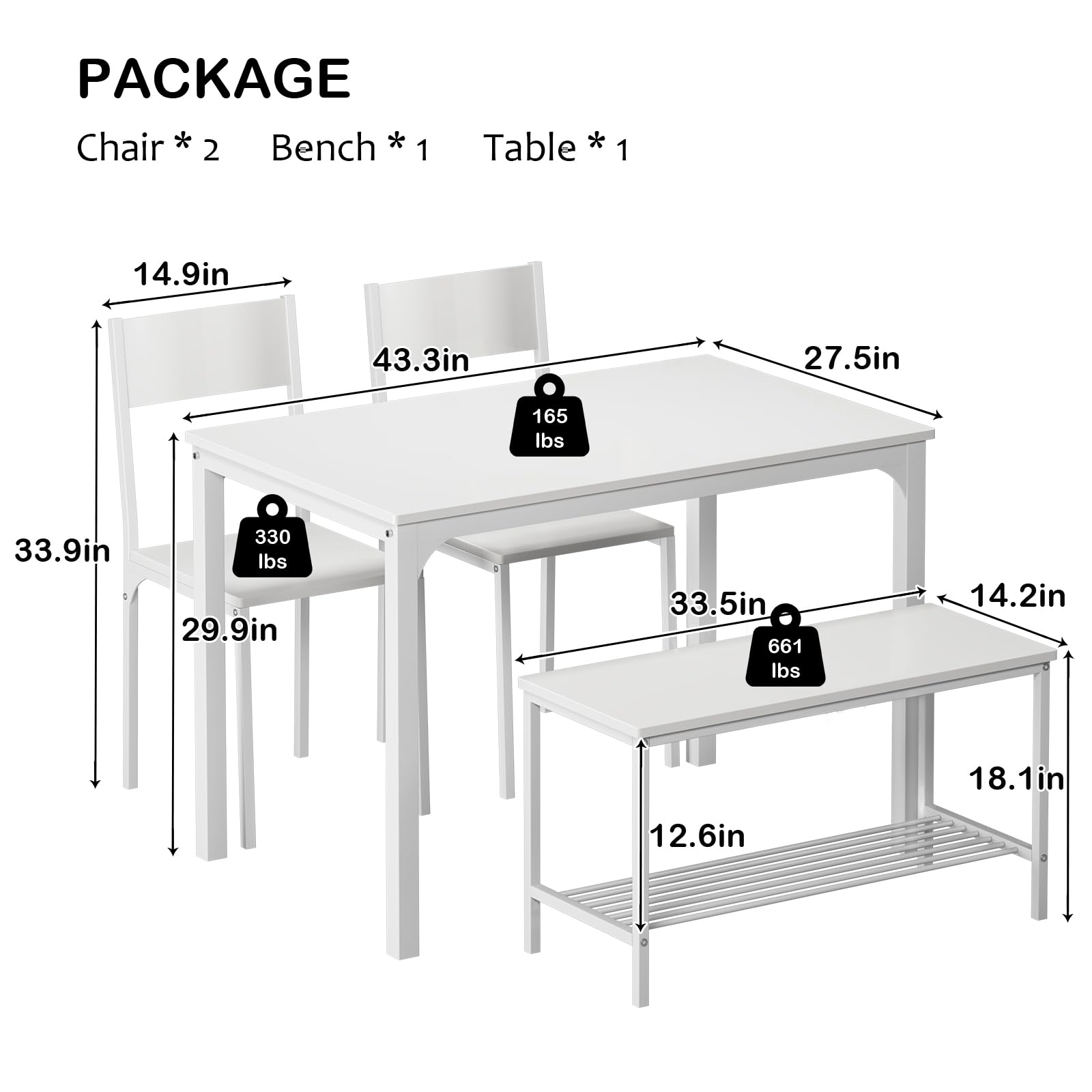 soges 4 Person Dining Table Set,43.3 inch Kitchen Table Set for 4,2 Chairs with Backrest,2-Person Bench with Storage, White Rack,Nesting Furniture Set for Dining Room and Restaurant, White